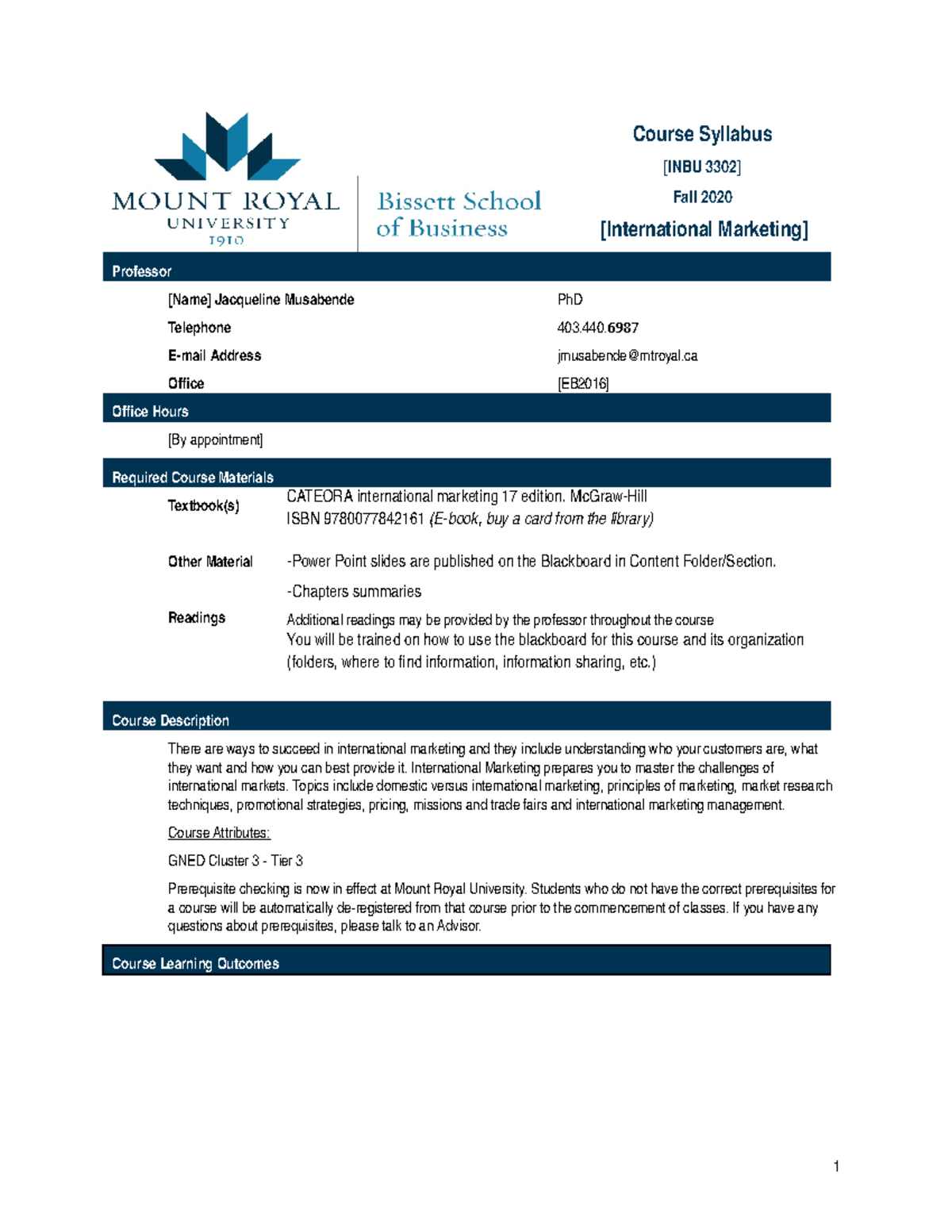 BSB Course Outline Fall 2020 - Course Syllabus [INBU 3302] Fall 2020 ...