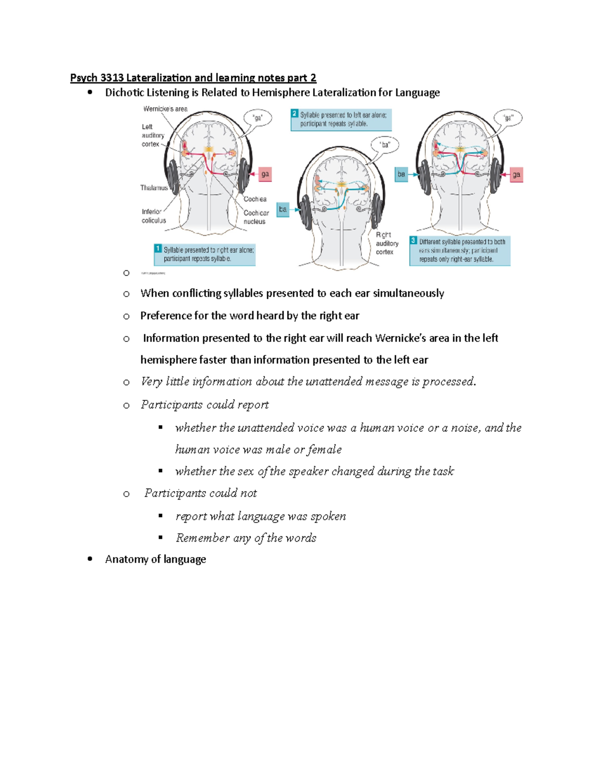 Psych 3313 Lateralization and learning notes part 2 - o Participants ...