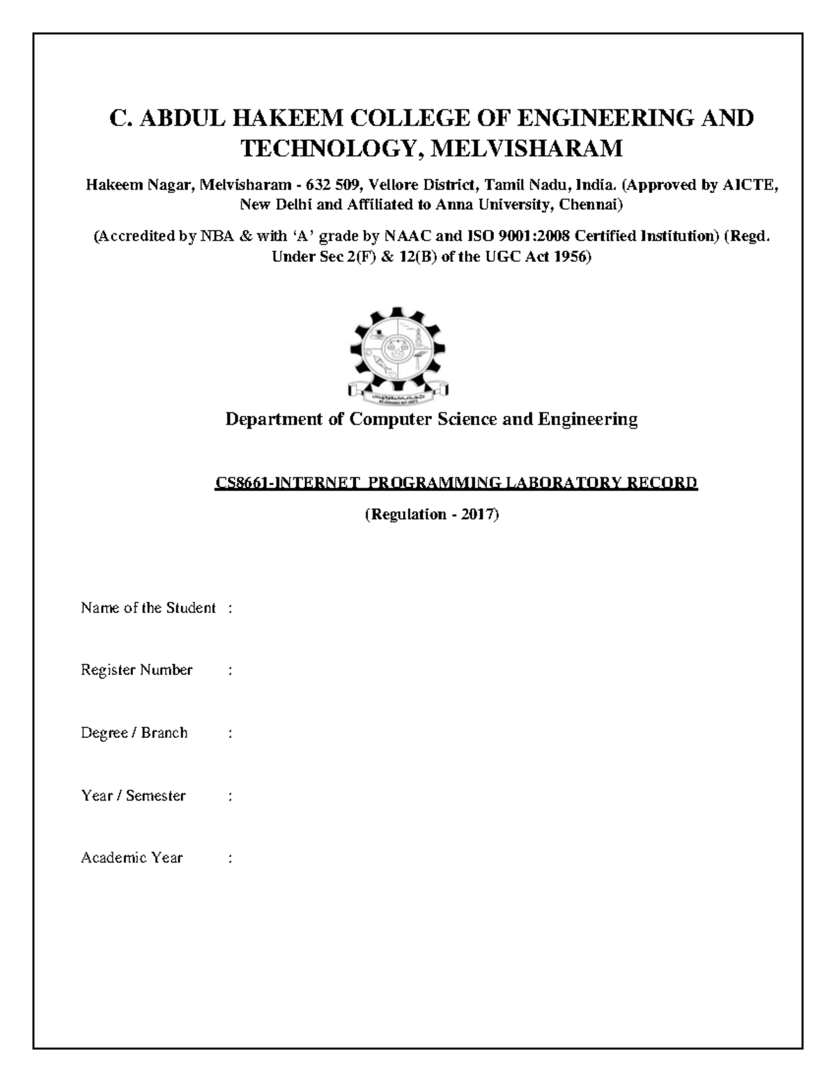 CS8661 - IP Manual - C. ABDUL HAKEEM COLLEGE OF ENGINEERING AND ...