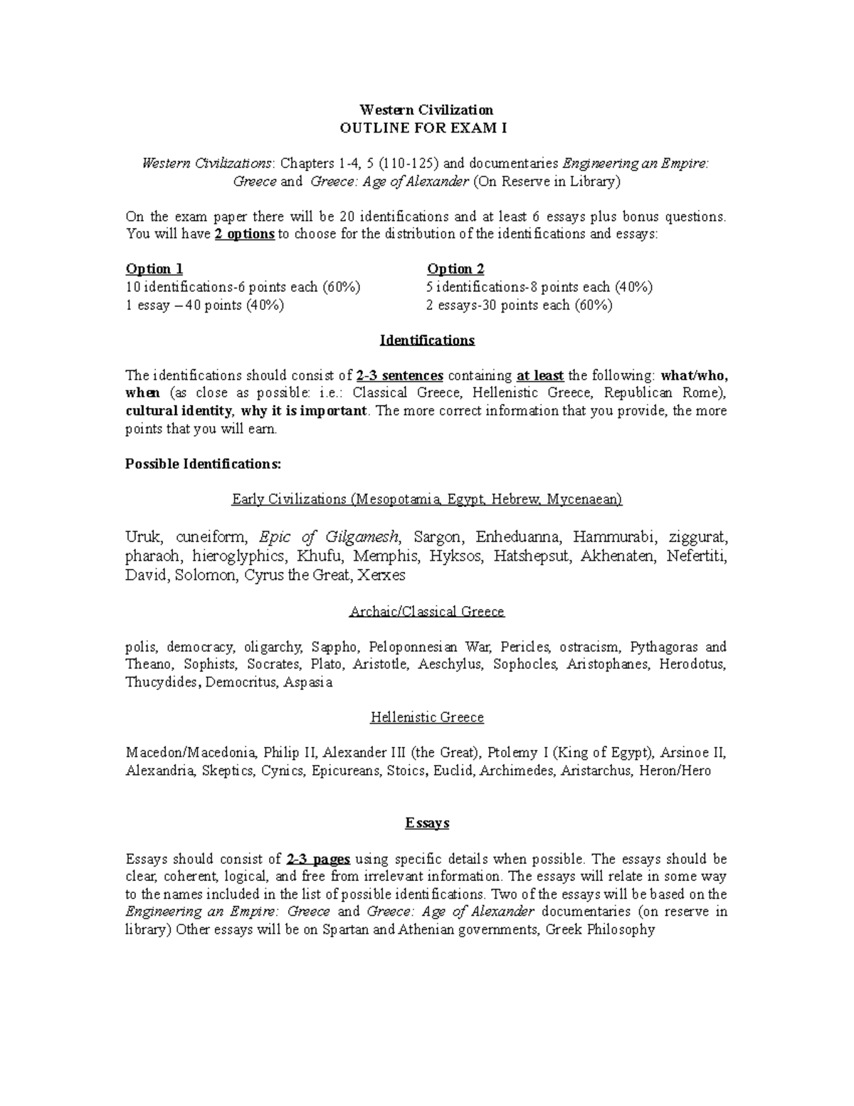 Western Civilization Exam I Outline Spring 2019 (Revised) - Western ...