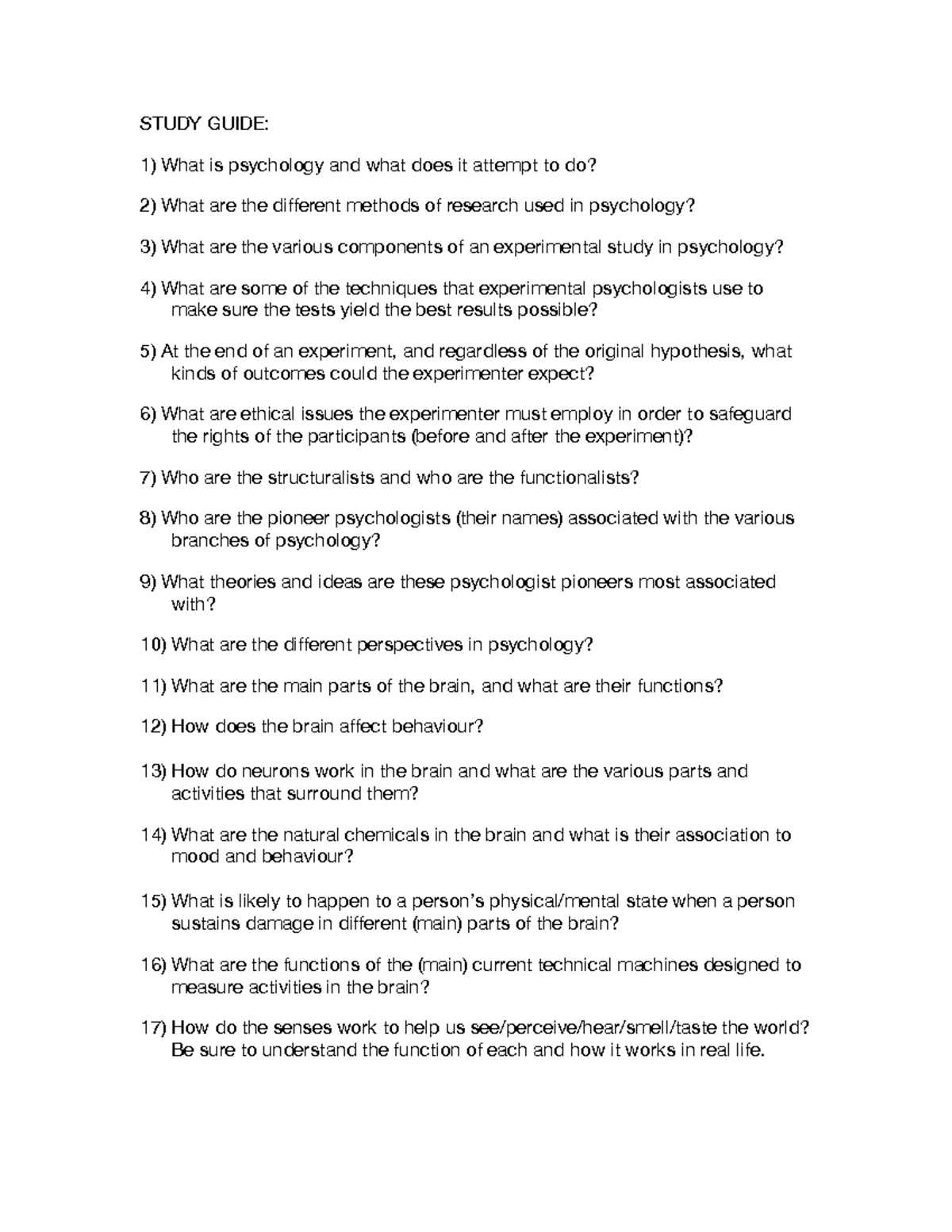 Study Guide - STUDY GUIDE: What is psychology and what does it attempt ...