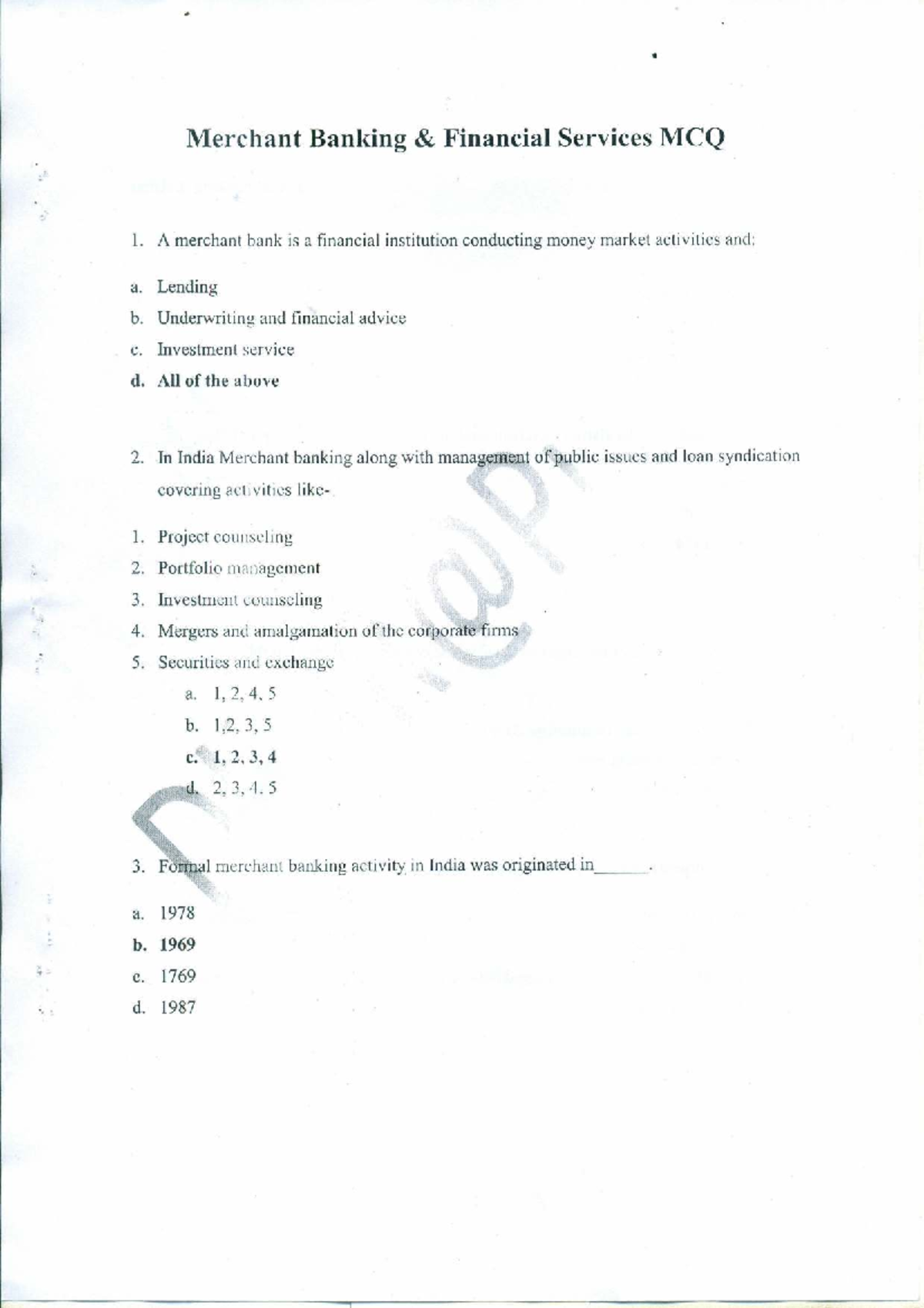 Sample/practice exam 3 March, questions - Merchant Banking & Financial ...