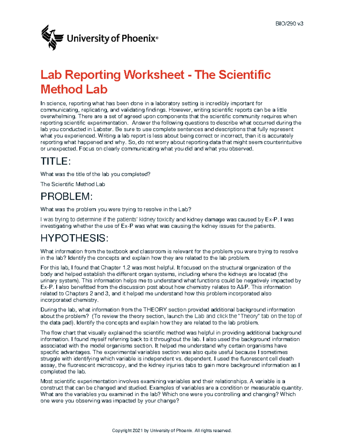 Bio290 v3 wk1 the scientific method lab - BIO/ 290 v 3 Lab Reporting ...