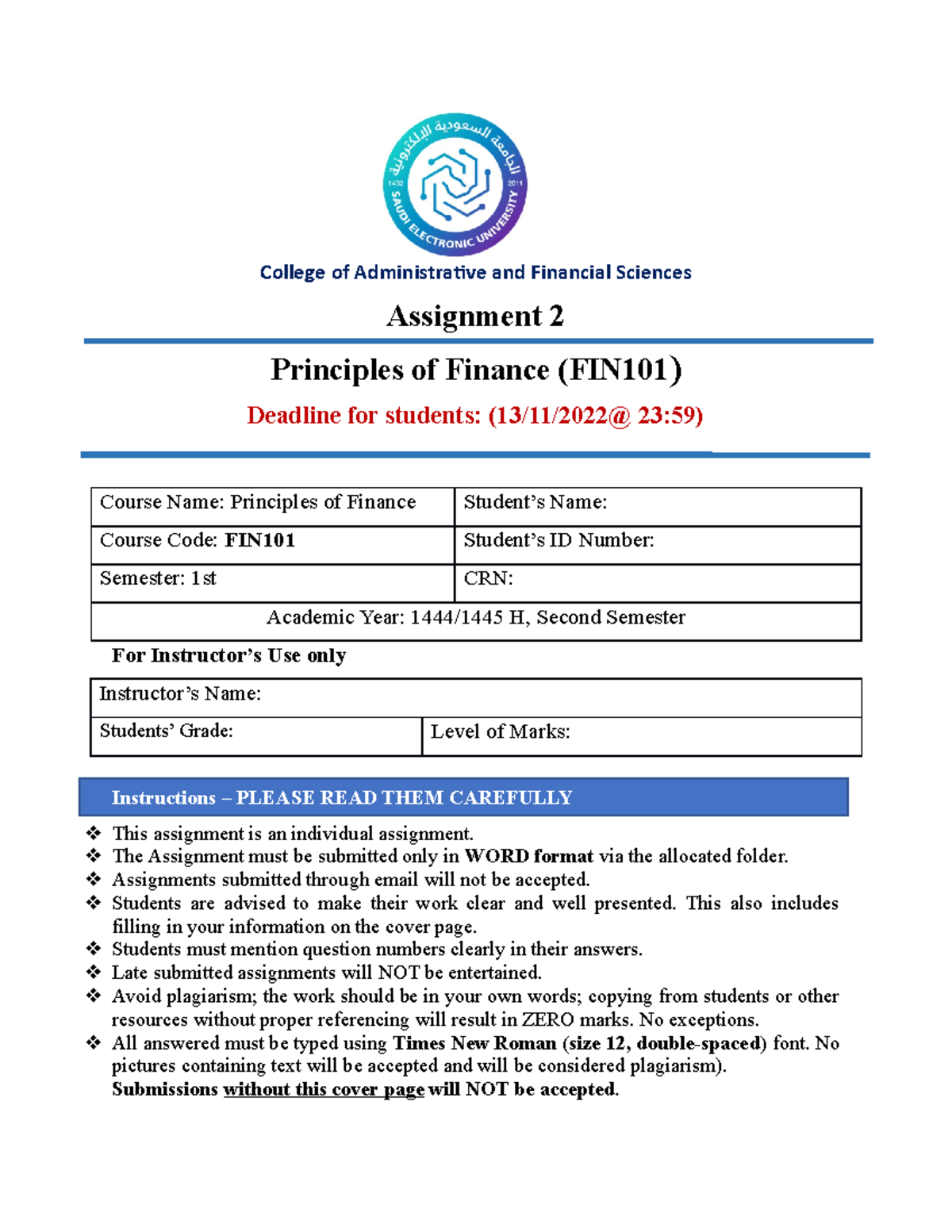 Fin 101 Assignment 2 - College of Administrative and Financial Sciences ...
