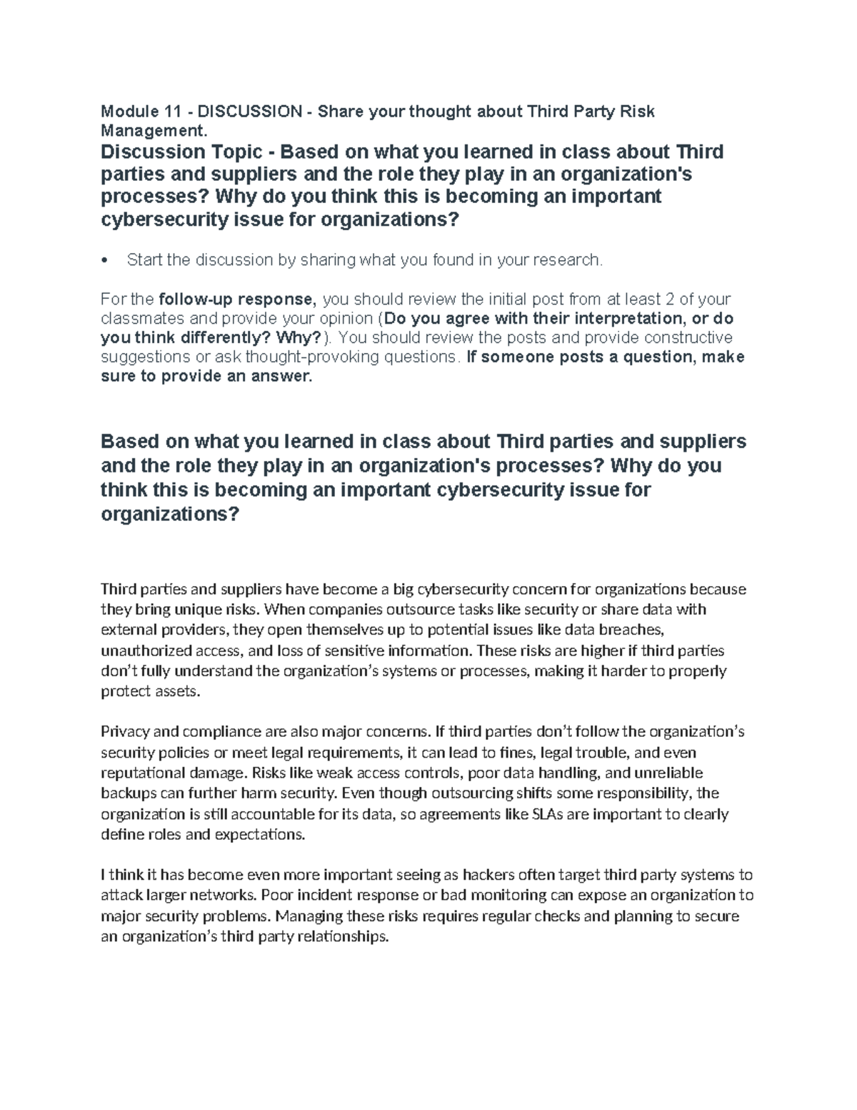 Module 11 - Discussion - Share your thought about Third Party Risk ...