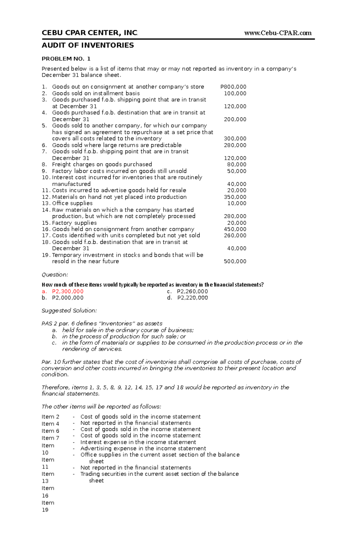 Audit OF Inventories - For review - CEBU CPAR CENTER, INC. Cebu-CPAR ...