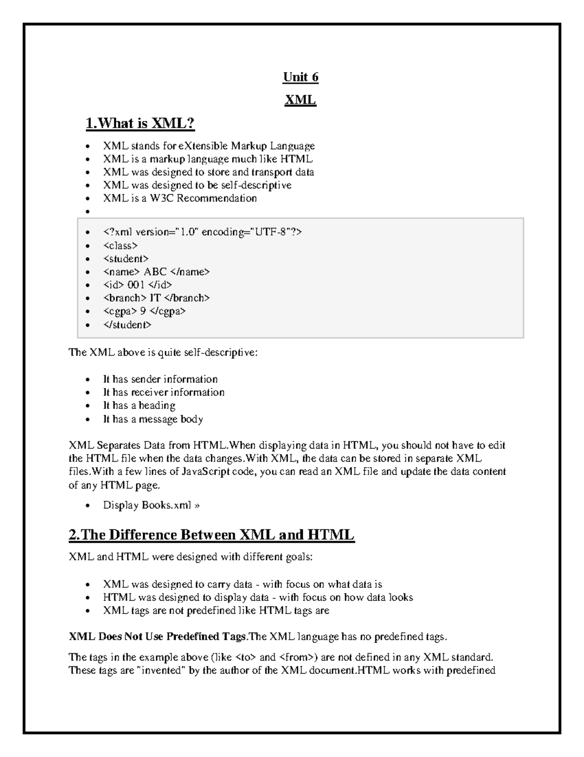 Xml Notes Unit 6 Xml 1 Is Xml Xml Stands For Extensible Markup