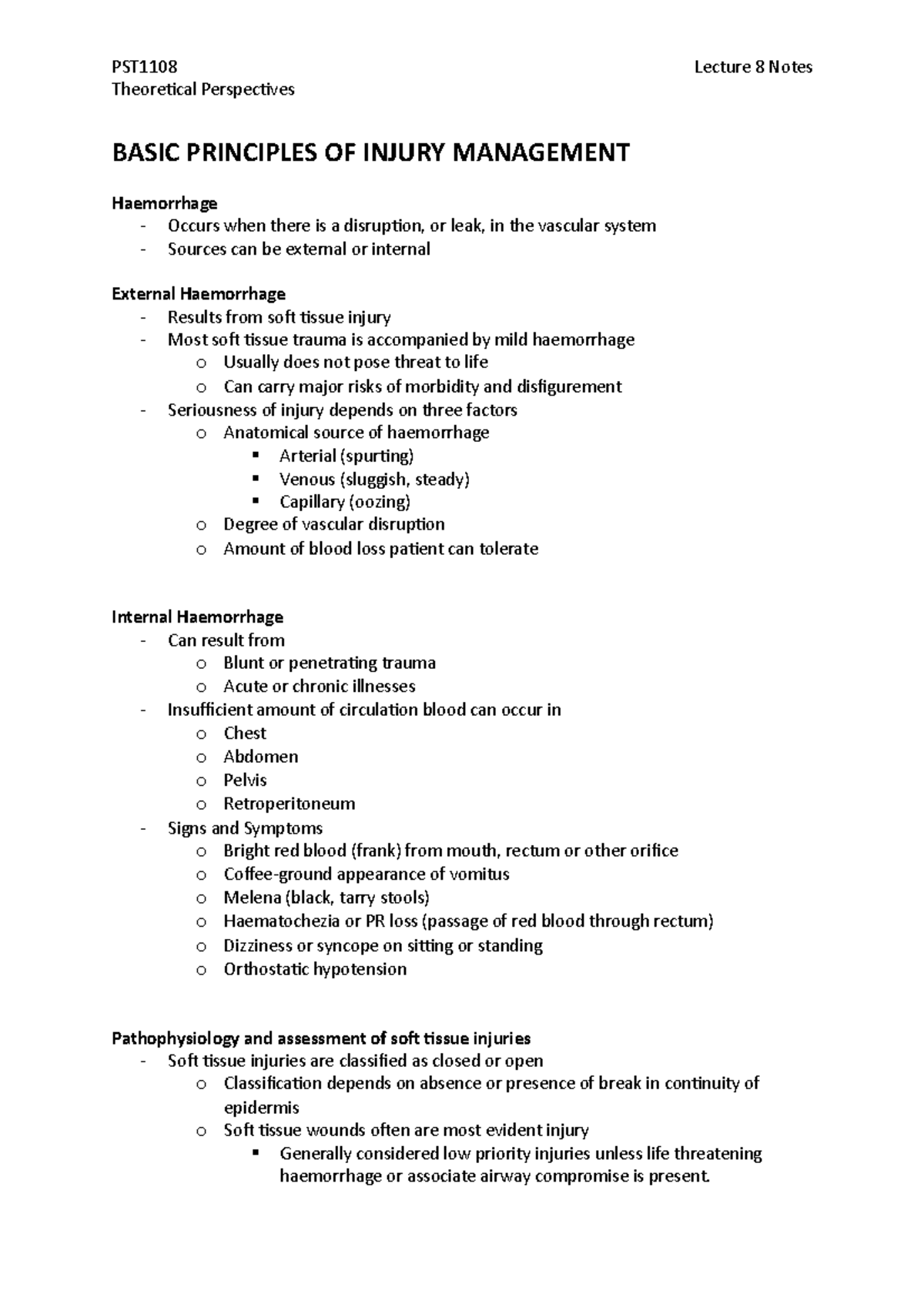Lecture 8 notes injury management - Theoretical Perspectives BASIC ...