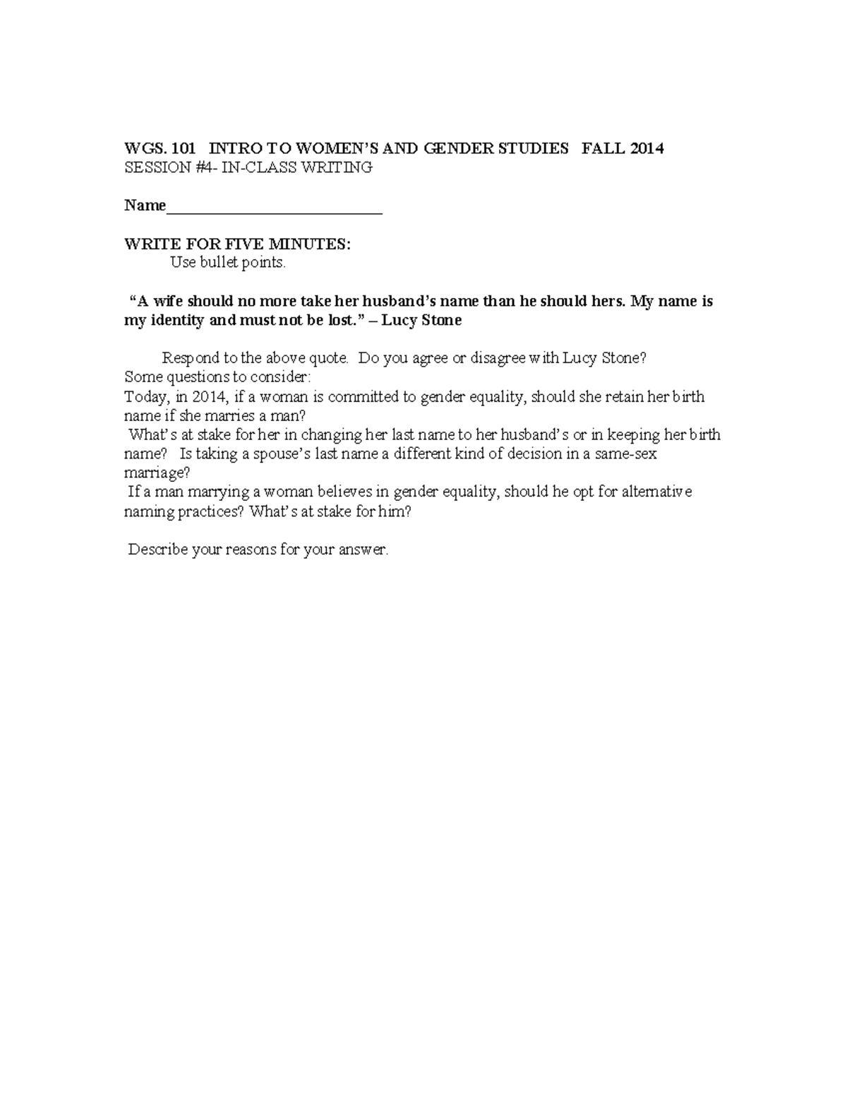 Session #4- IN- Class Writing - WGS. 101 INTRO TO AND GENDER STUDIES ...