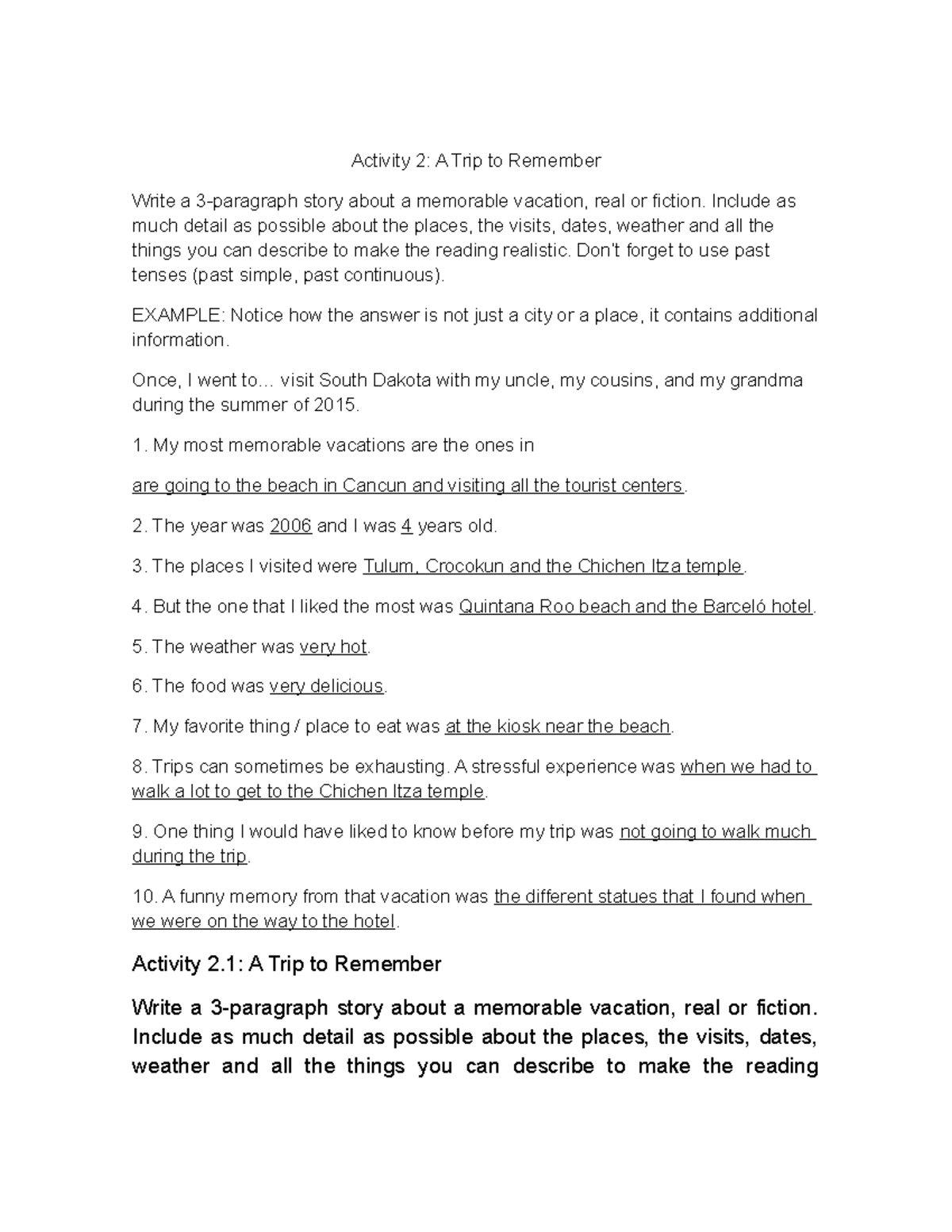 Actividad 2 de ingles II - Activity 2: A Trip to Remember Write a 3 ...