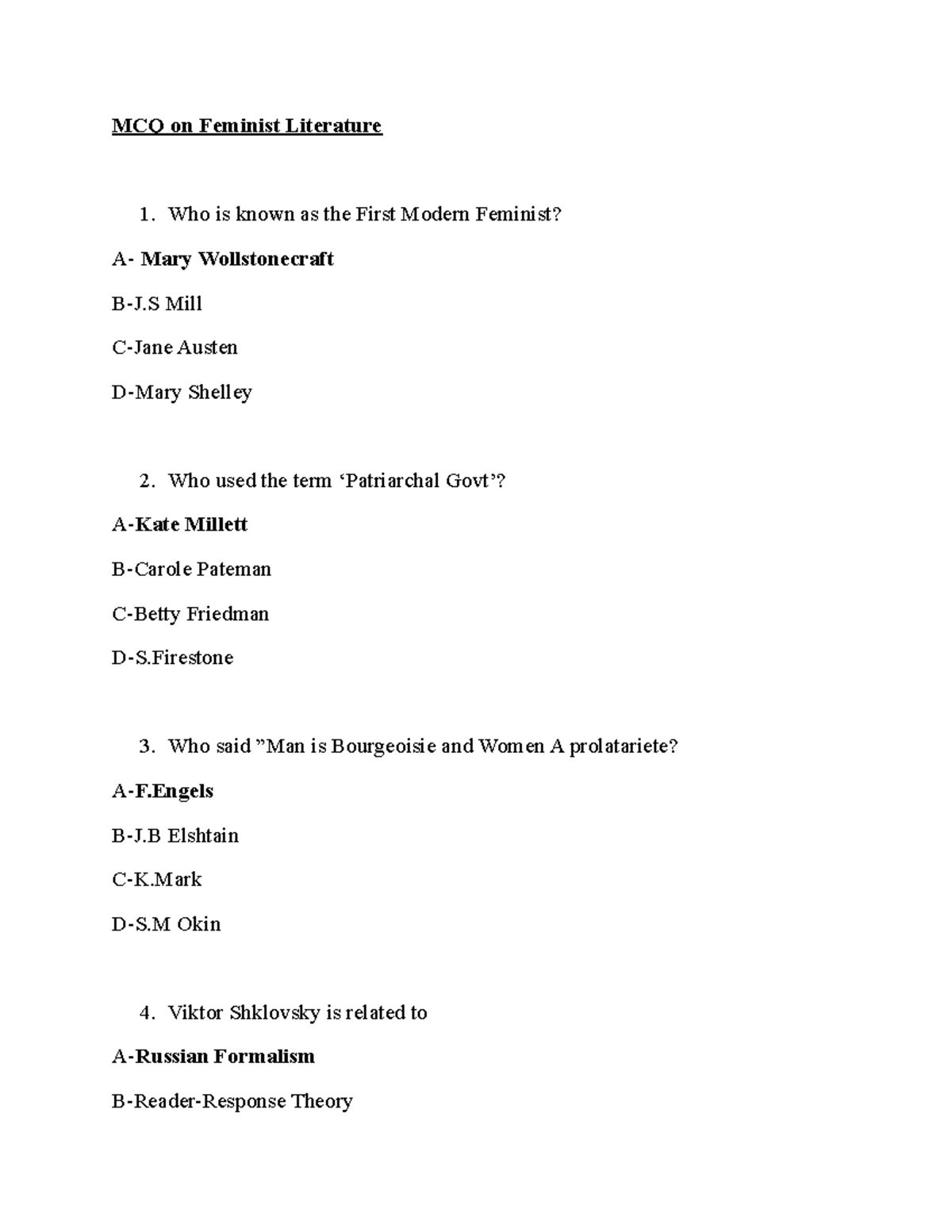 Multiple Choice Questions based on Feminist Literature produced ...