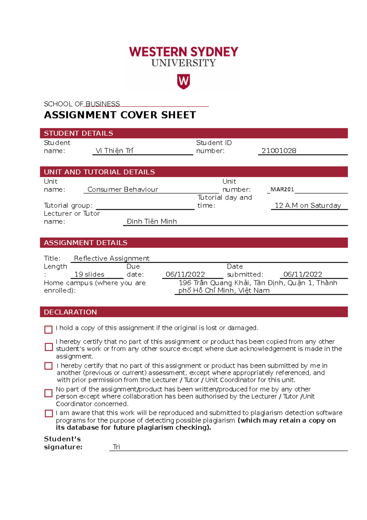 Nguyễn Hà Thảo Anh Reflection 1 - SCHOOL OF BUSINESS ASSIGNMENT COVER ...