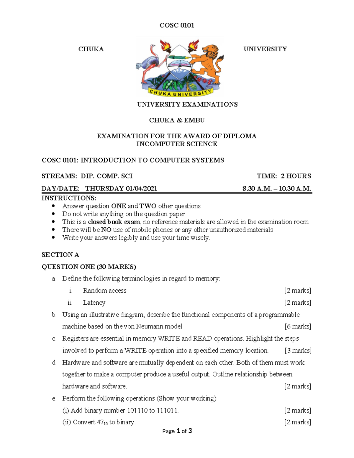 COSC 0101 Exam - Introduction to comp systems - COSC 0101 CHUKA UNIVERSITY UNIVERSITY ...