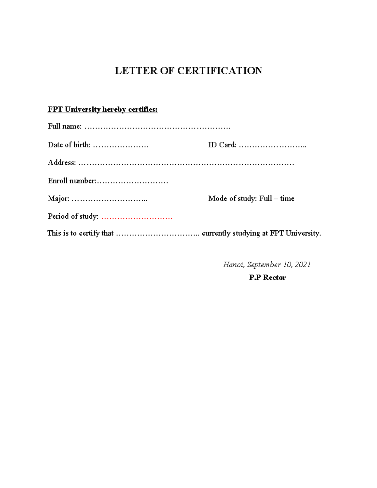 Mẫu xác nhận bằng Tiếng Anh - LETTER OF CERTIFICATION FPT University ...