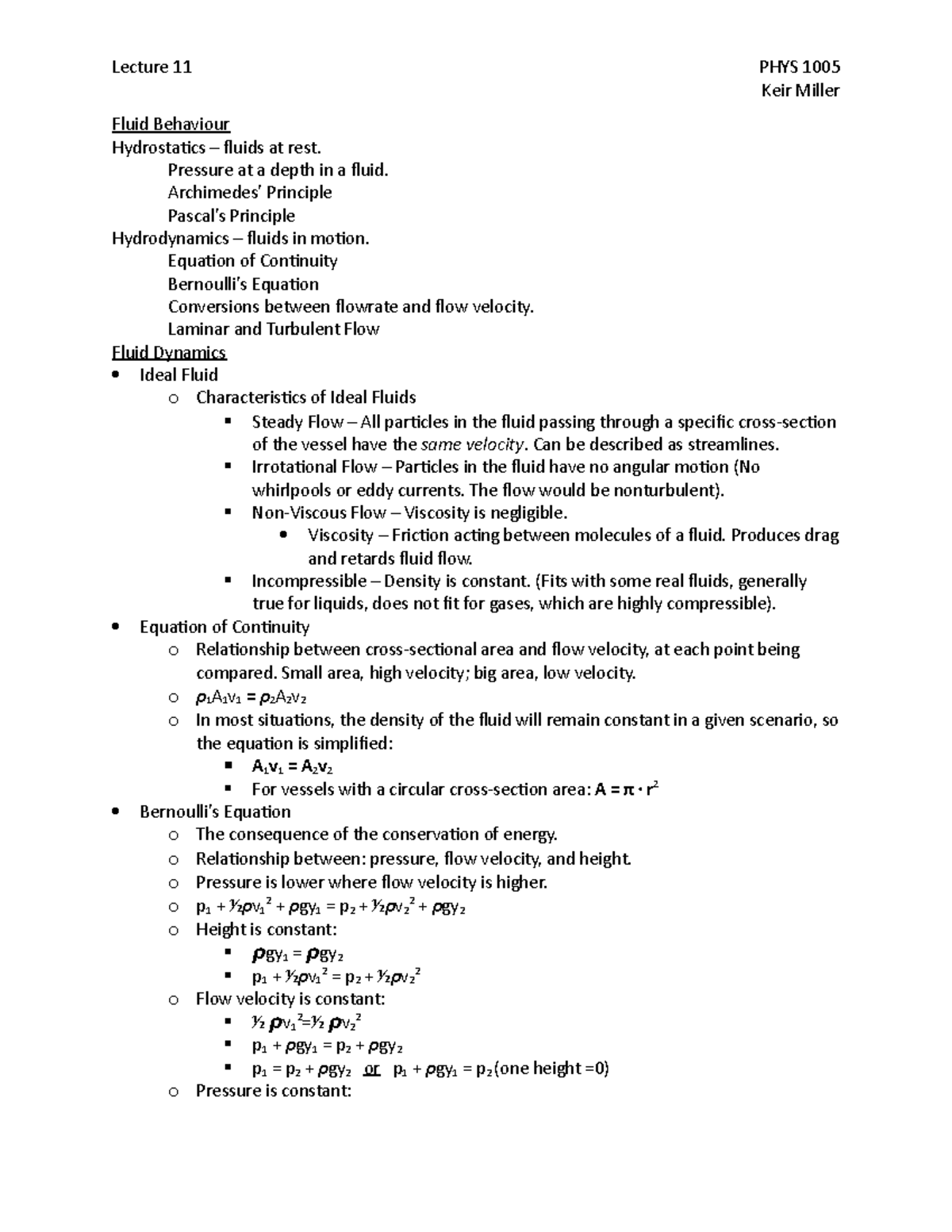 Lecture 11 - Lecture 11 PHYS 1005 Keir Miller Fluid Behaviour ...