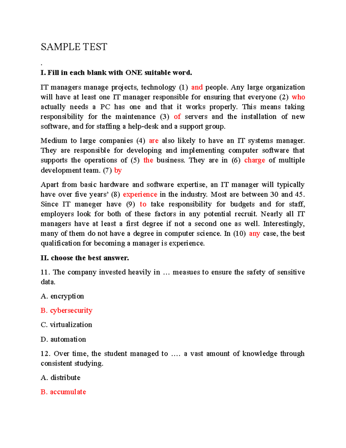Sample-TEST - SAMPLE TEST . I. Fill in each blank with ONE suitable ...