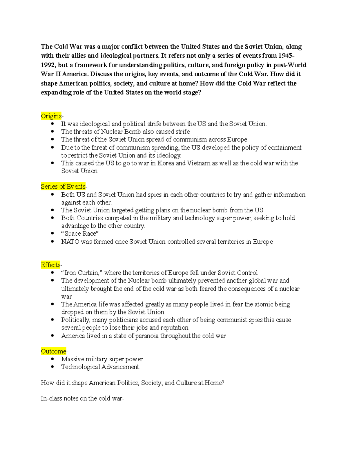 History 212 Final Exam Essay Question- Cold War - The Cold War was a ...