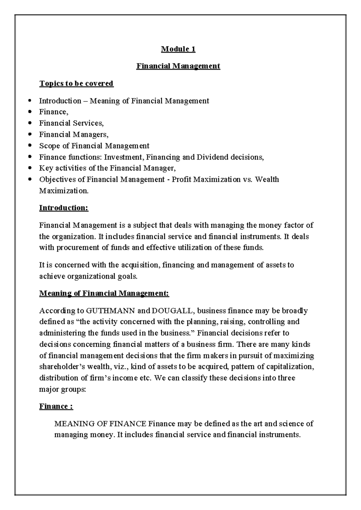 Module 1-Financial Management - Module 1 Financial Management Topics to ...