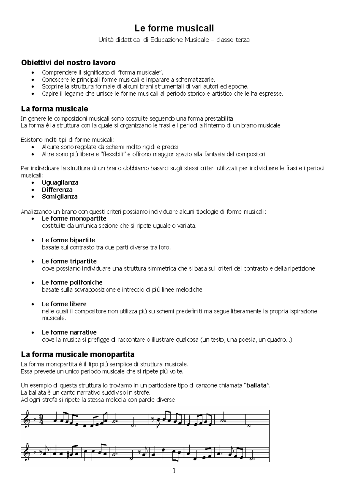 Le forme musicali - teoria musicale - Le forme musicali Unità didattica ...