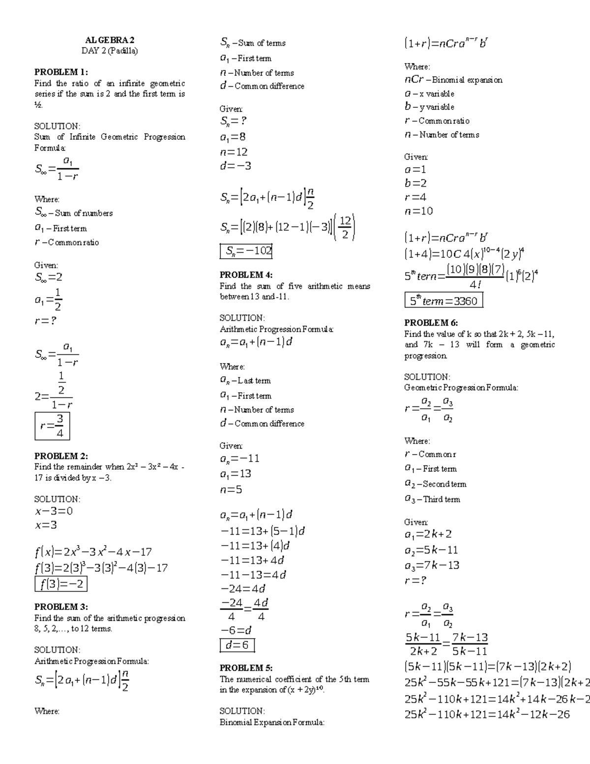 Algebra sample problems (Answer key) - ALGEBRA 2 DAY 2 (Padilla ...