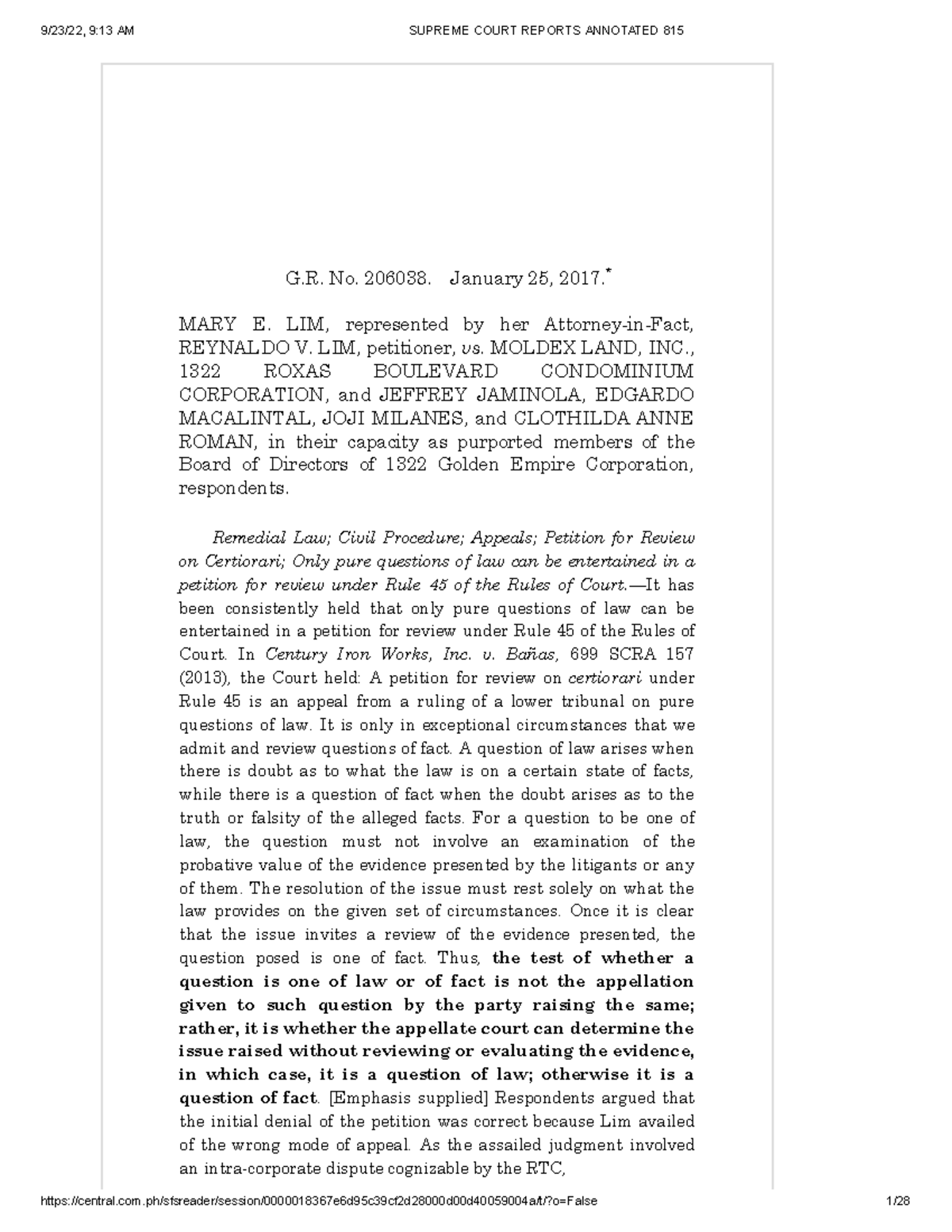 Lim vs Moldex Land (2017 ) - G. No. 206038. January 25, 2017.* MARY E ...