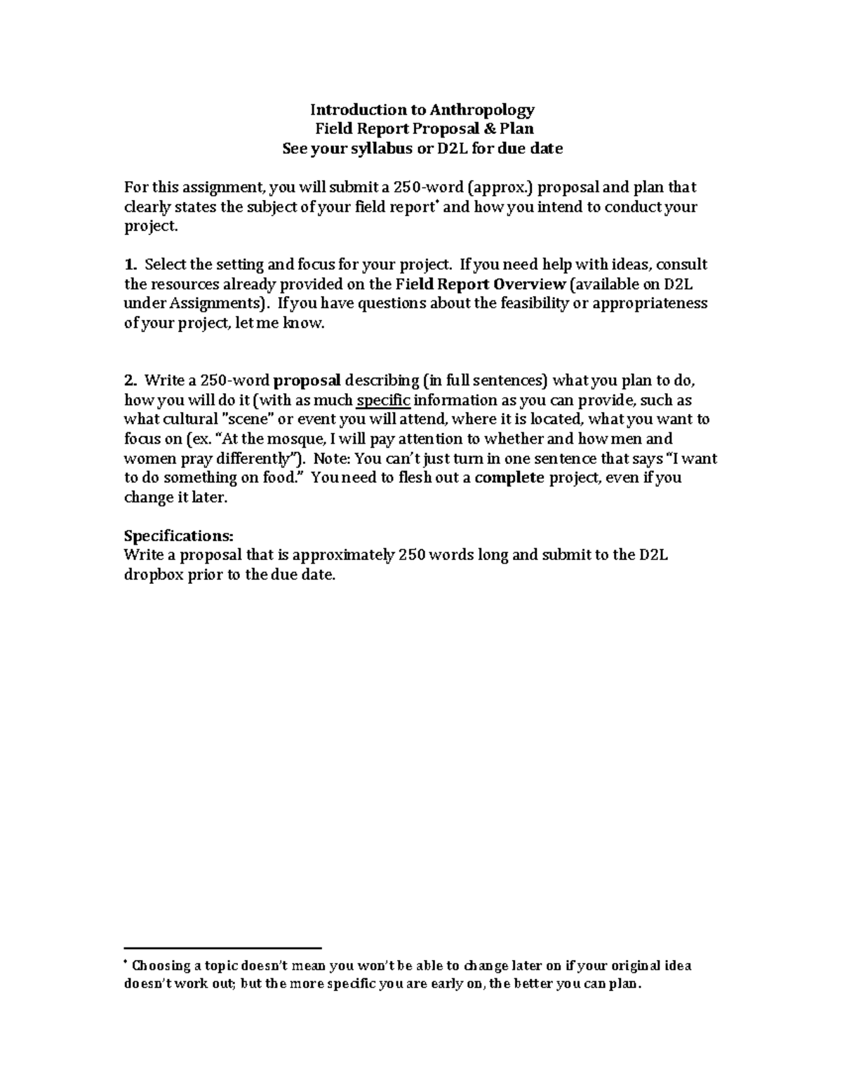 Field Report Proposal Plan - Introduction to Anthropology Field Report ...