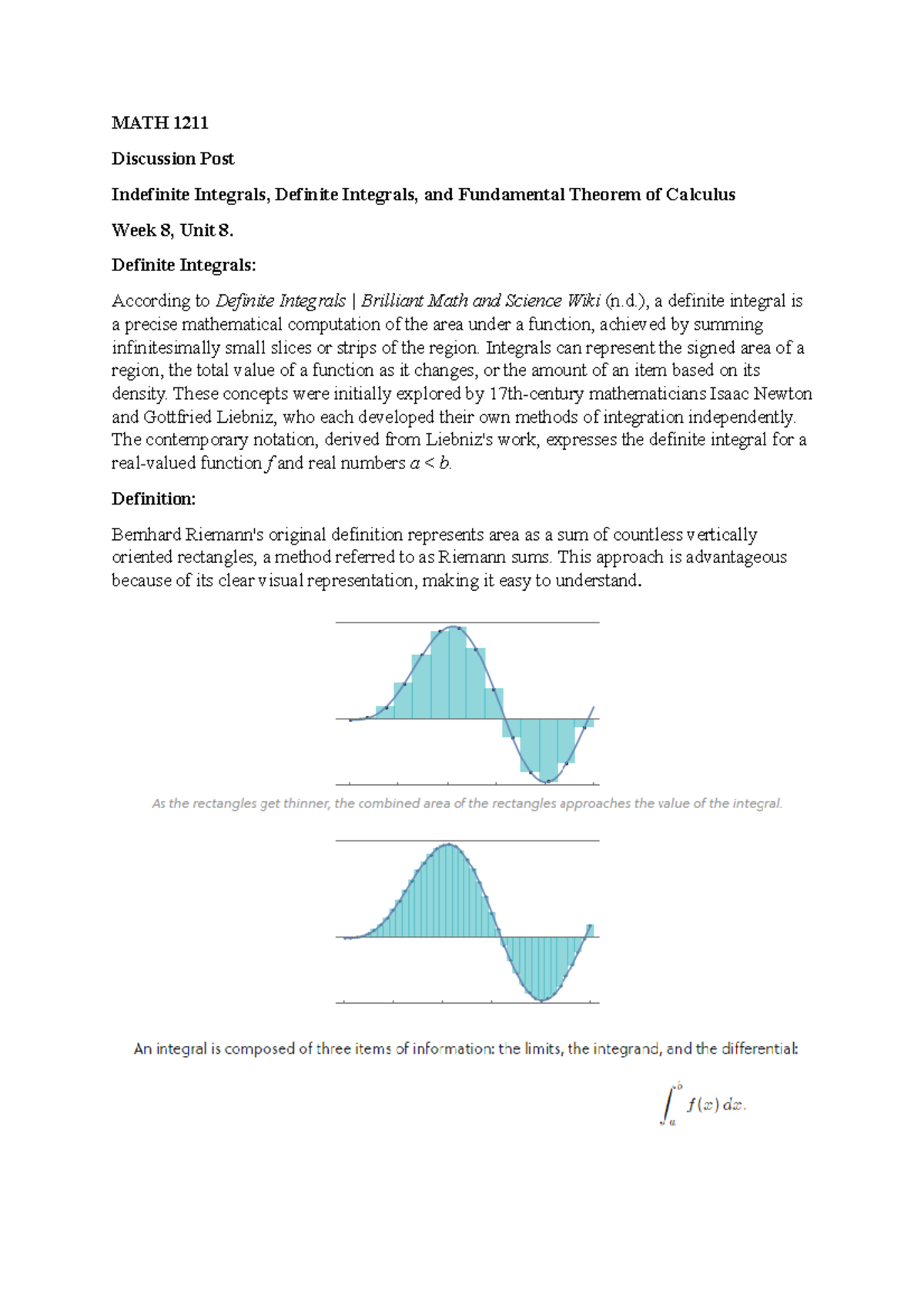 MATH 1211 Discussion Post Unit 8 - MATH 1211 Discussion Post Indefinite ...