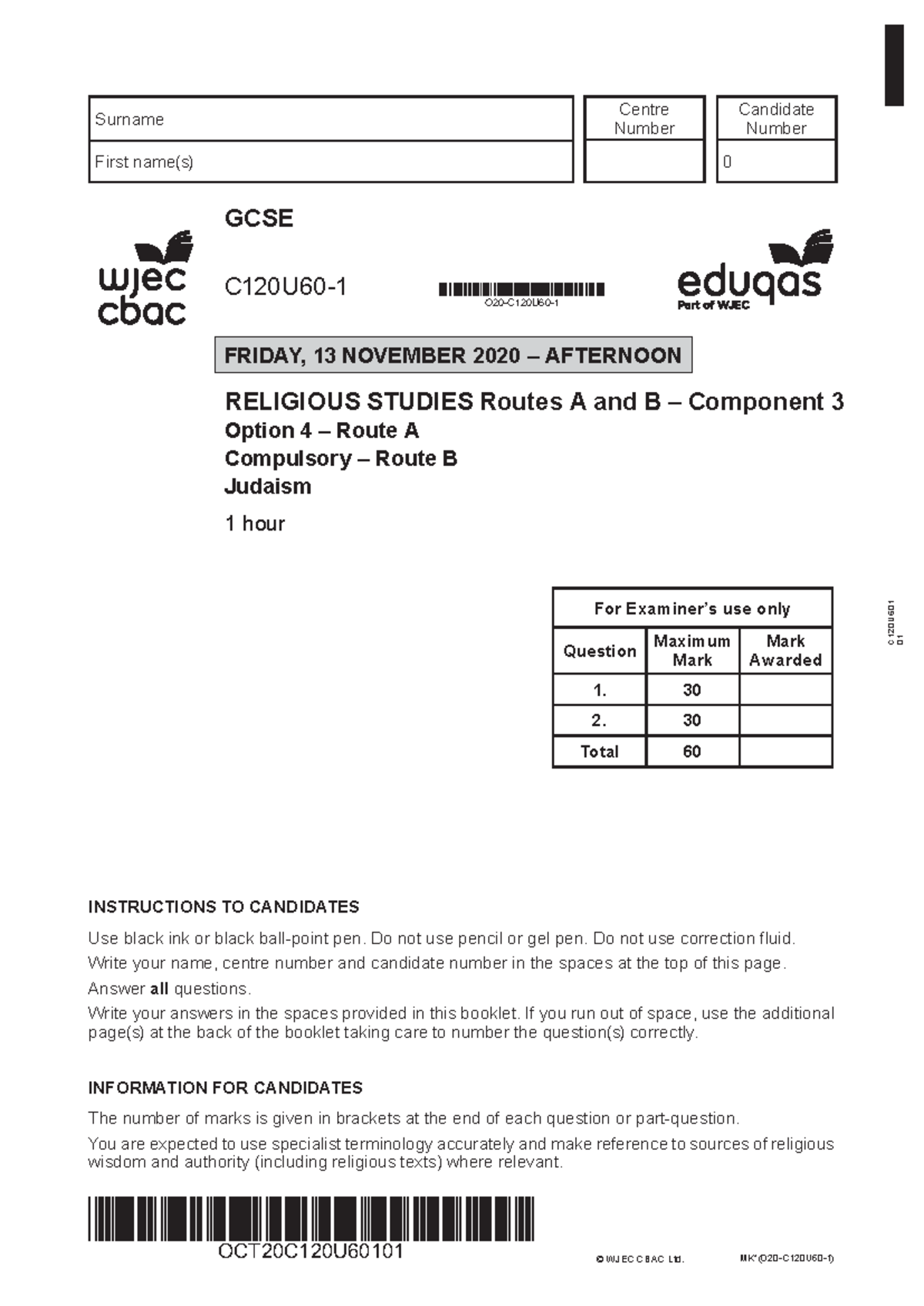 O20-5120-06 - Re past paper - C 12 0 U 6 0 1 0 1 INSTRUCTIONS TO ...