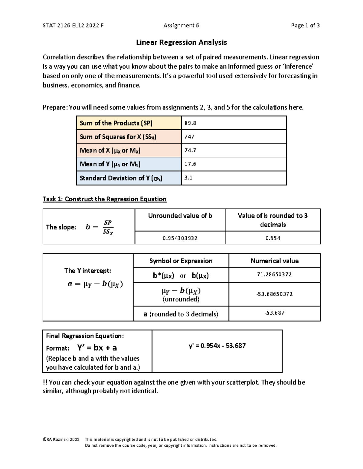 STAT 2126 A (7) - devoir maison 6 - STAT 2126 EL12 202 2 F Assignment 6 Page 1 of 3 ©RA Kozinski ...