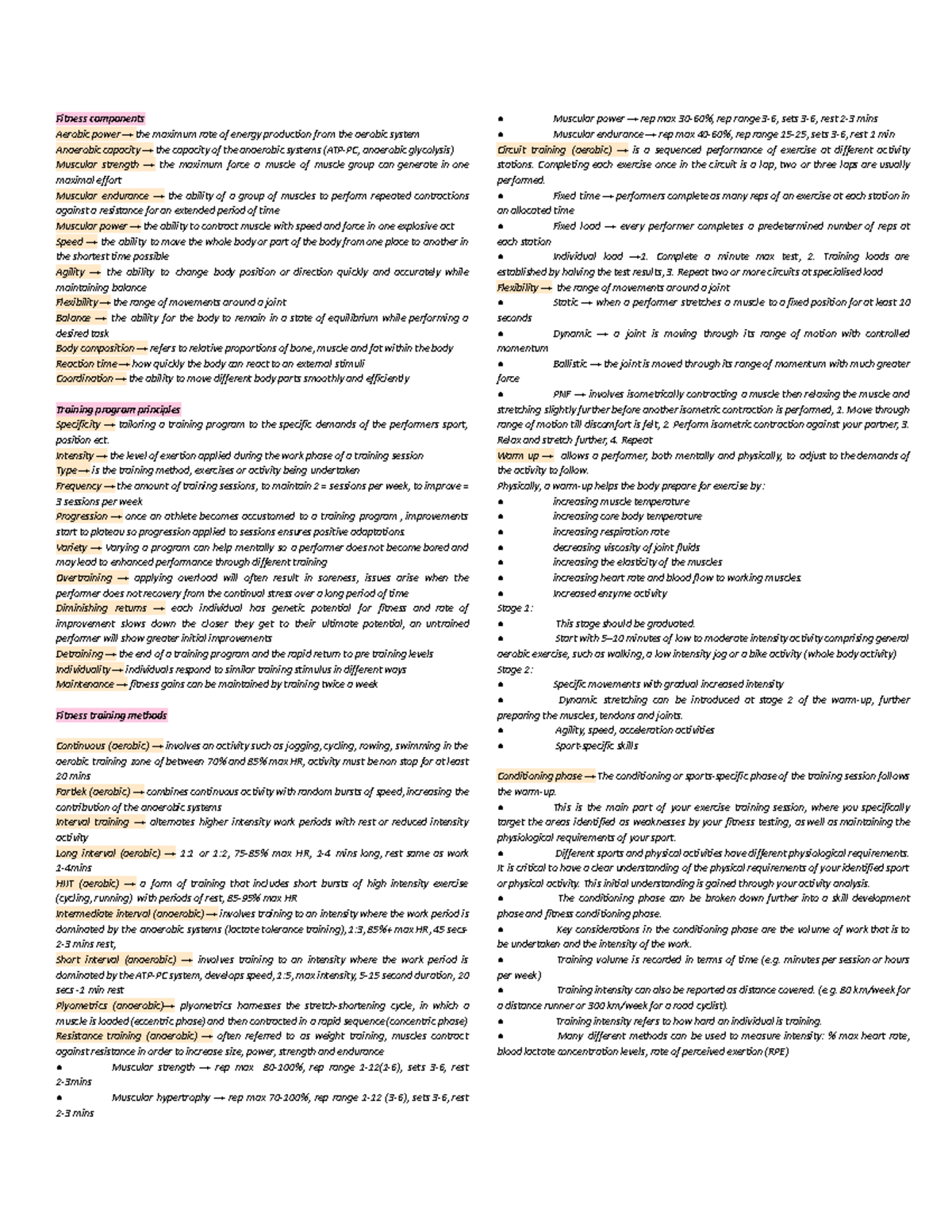 Pe unit 4 aos 2 - notes - Fitness components Aerobic power → the ...