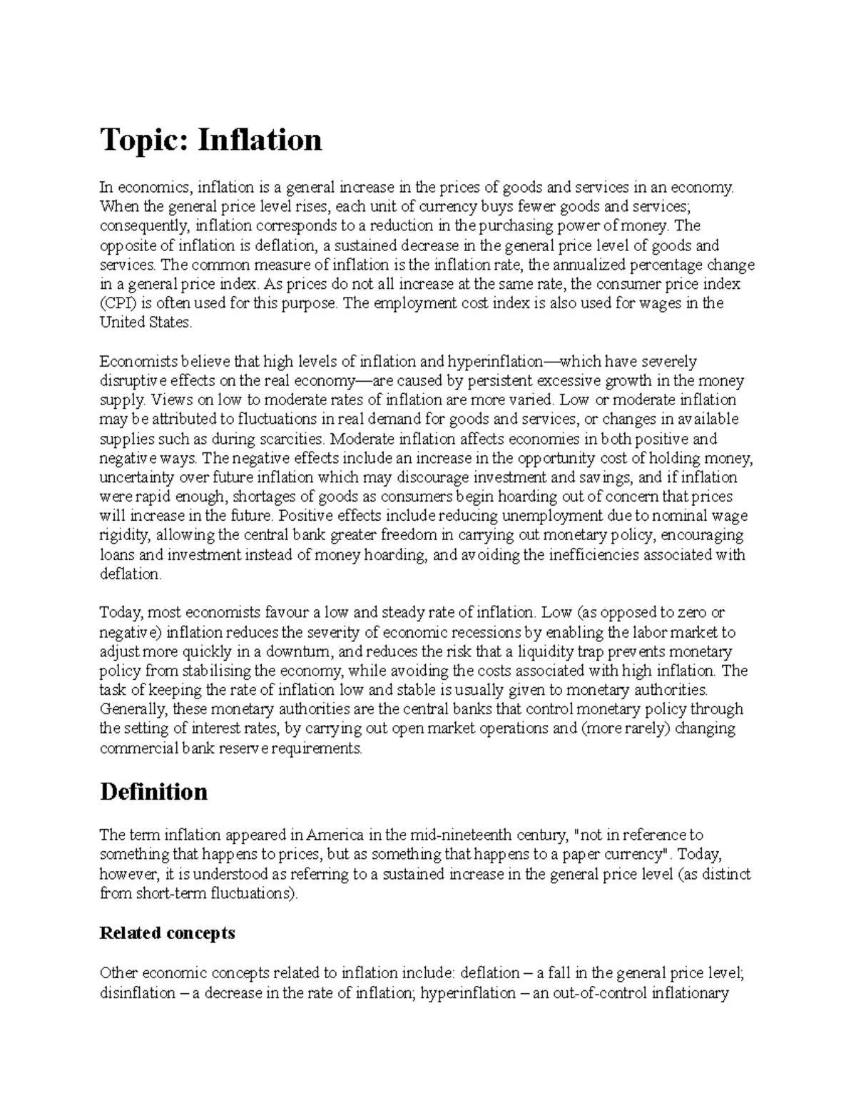 Inflation - Topic: Inflation In economics, inflation is a general ...