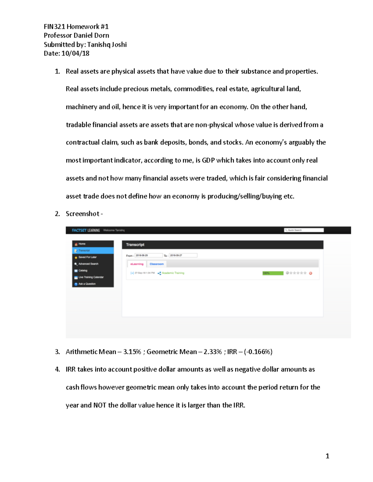 FIN321 HW1 - Daniel Dorn - Warning: TT: undefined function: 32 FIN321 Homework #1 Professor ...