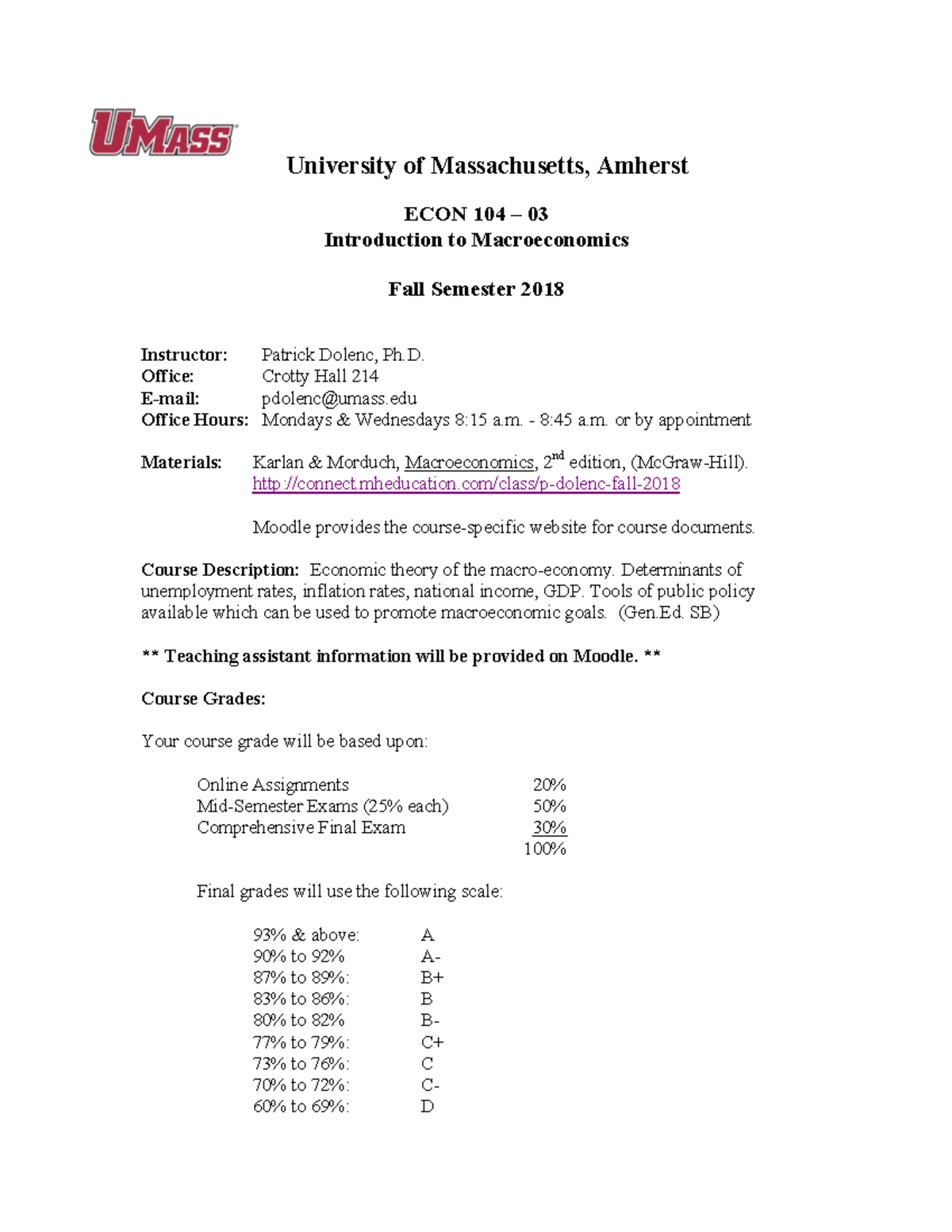 Syllabus Fall 2018 - University of Massachusetts, Amherst ECON 104 – 03 ...