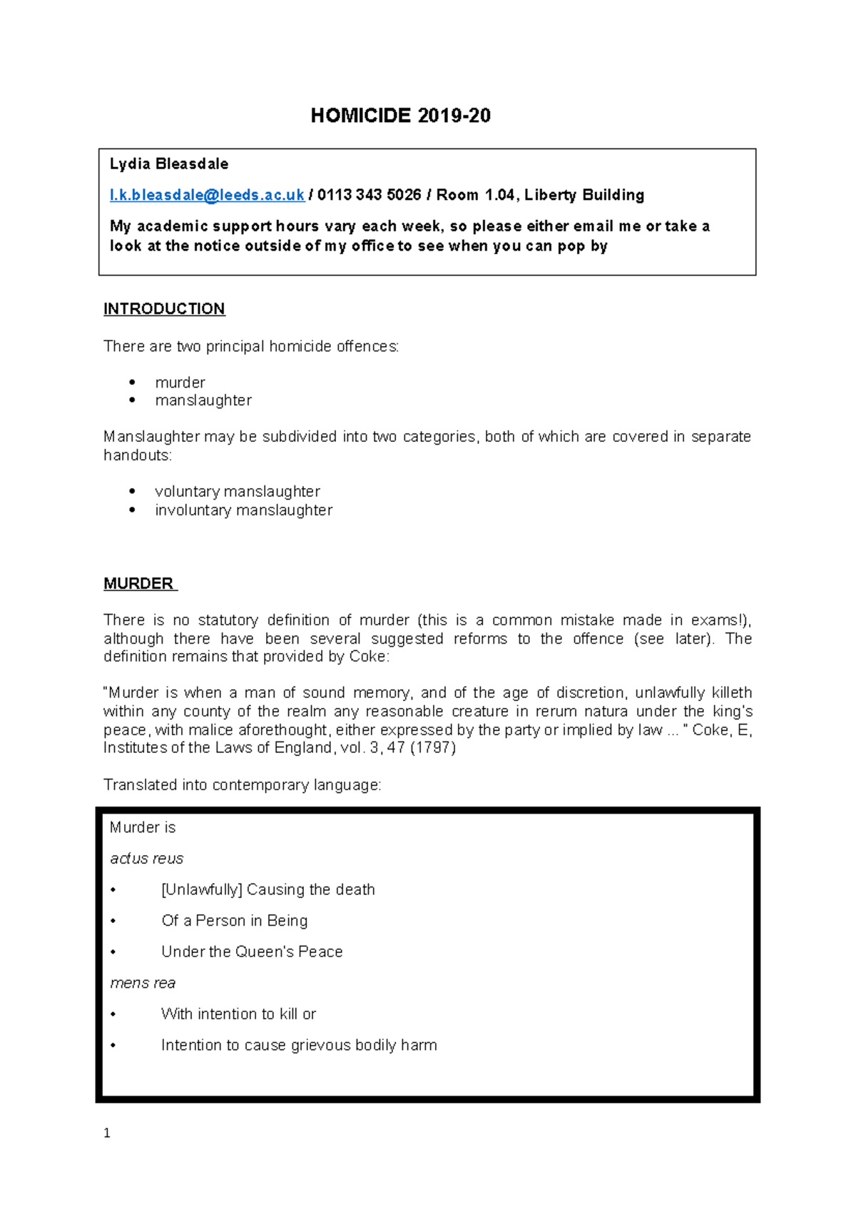 Homicide lecture handout 2019-20 - HOMICIDE 2019- INTRODUCTION There ...