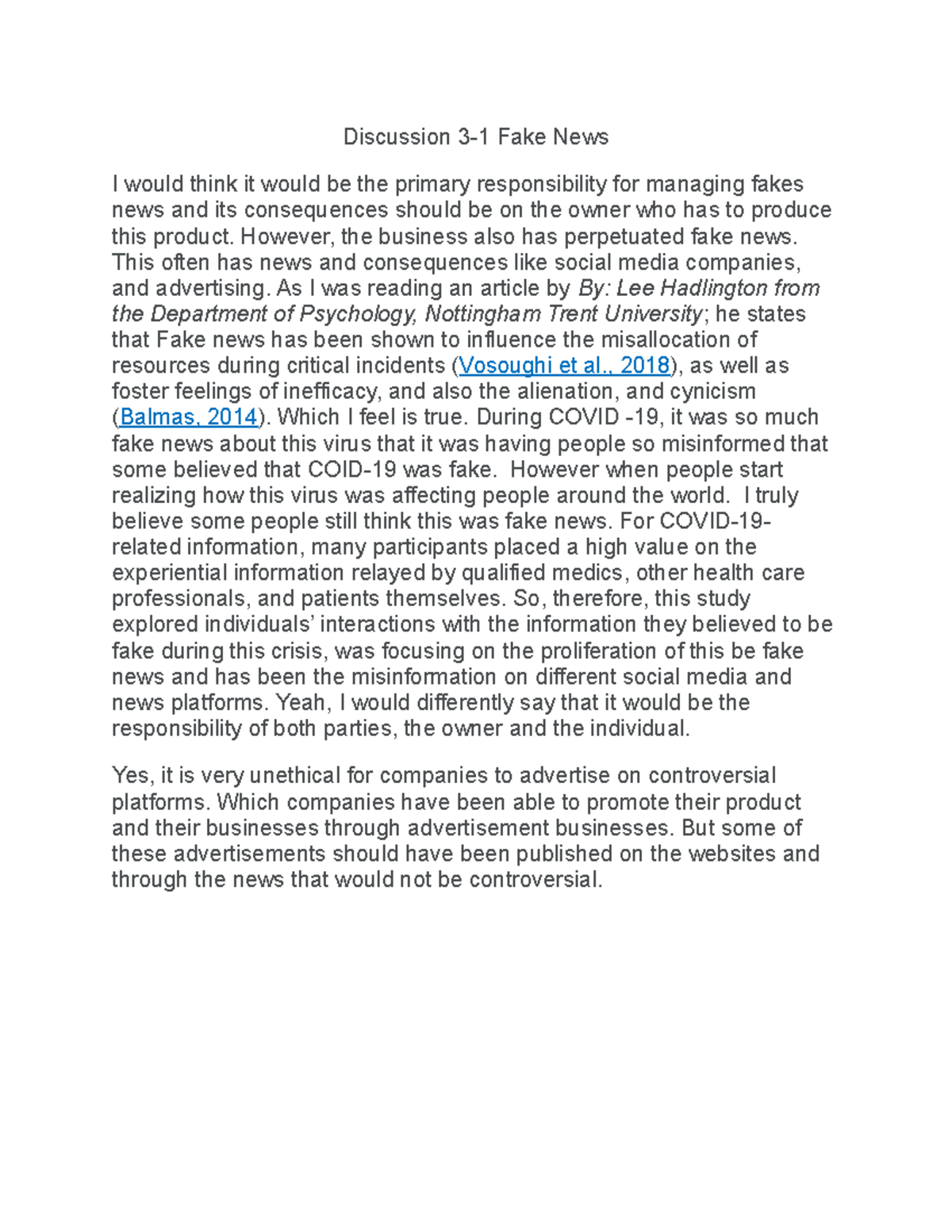 Discussion 3-1 Fake News - BUS206 - SNHU - Studocu