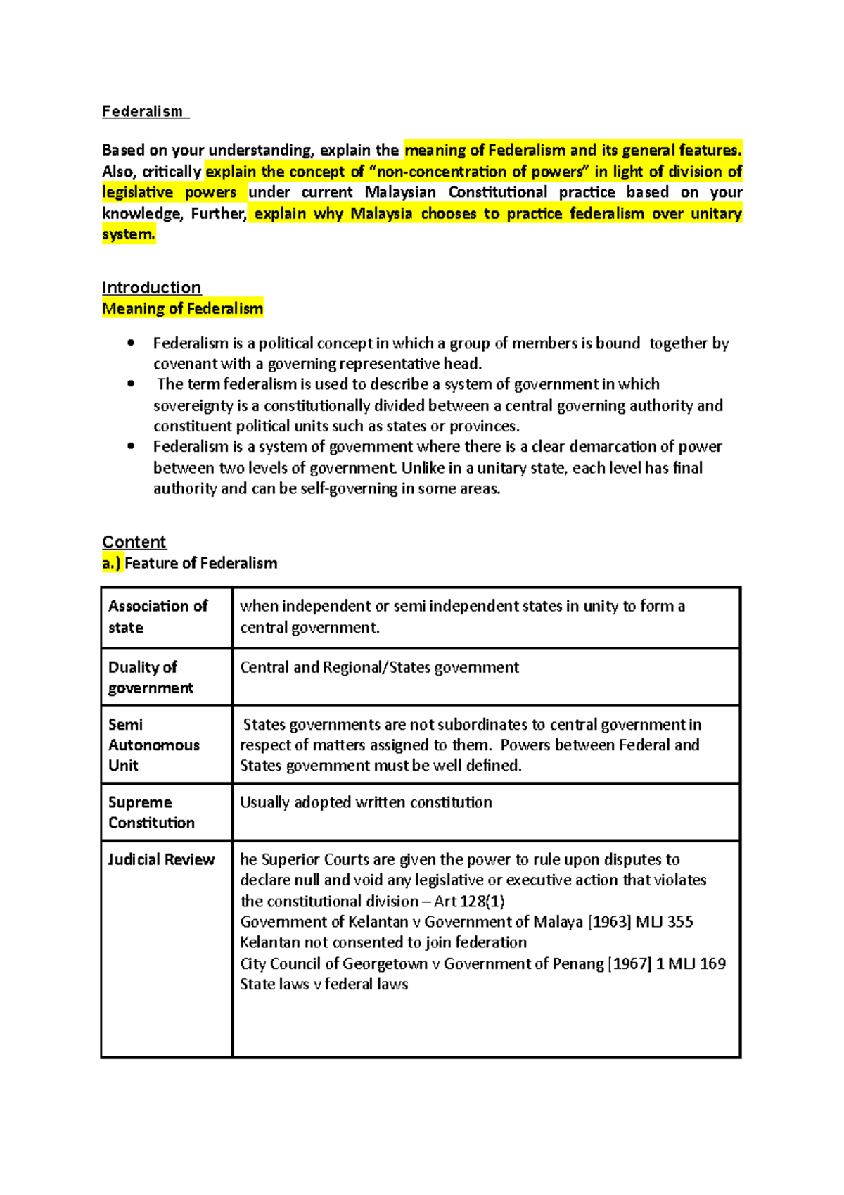 Federalism - Tutorial - Federalism Based on your understanding, explain ...