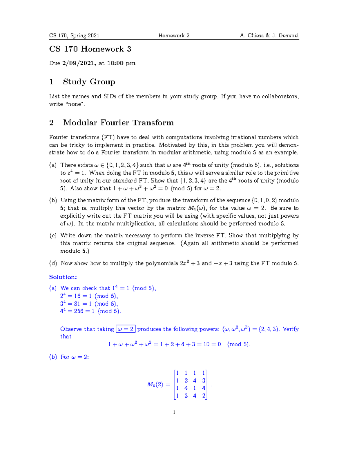 Hw03-sol - HW 3 Solution - CS 170, Spring 2021 Homework 3 A. Chiesa & J. Demmel CS 170 Homework ...