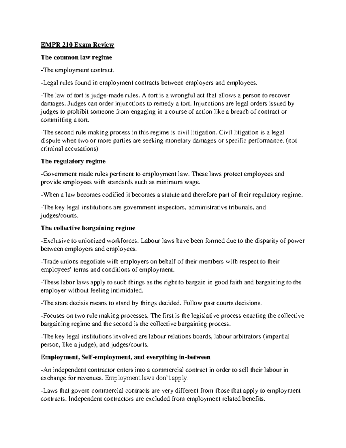 EMPR 210 EXAM Review - EMPR 210 Exam Review The common law regime The ...