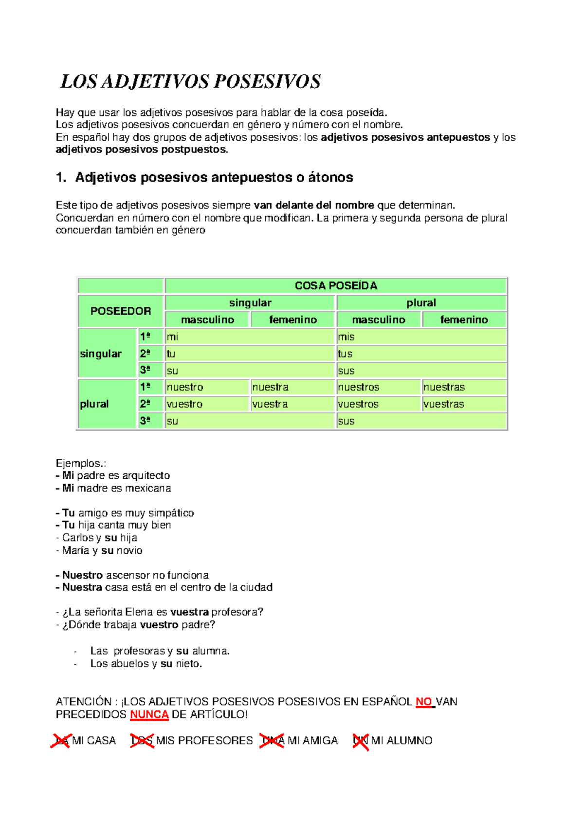 Adjetivos Y Pronombres Posesivos - LOS ADJETIVOS POSESIVOS Hay que usar ...