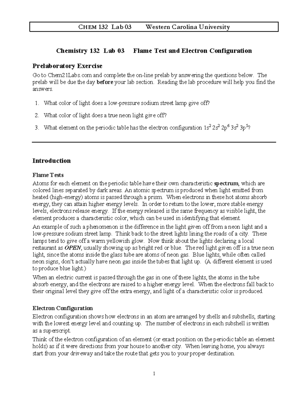 Westerncarolina gl132lab03 procedure - Chemistry 132 Lab 03 Flame Test ...