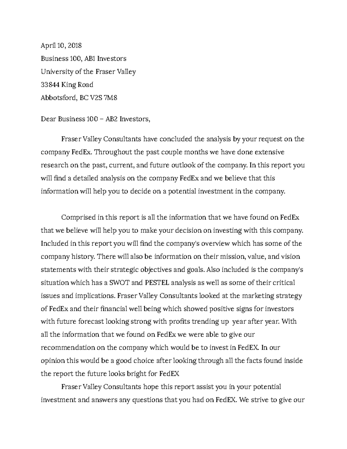 Fed Ex Analysis Report - Grade: B+ - April 10, 2018 Business 100, AB1 ...