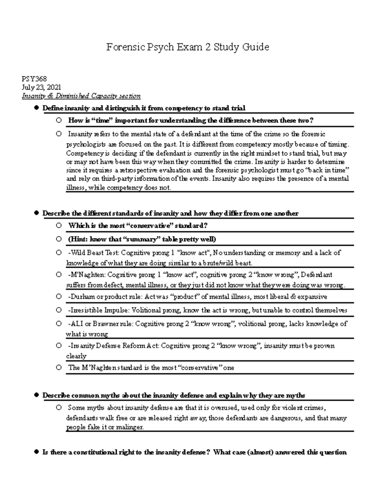 Forensic Psychology Exam 2 Study Guide - Forensic Psych Exam 2 Study ...