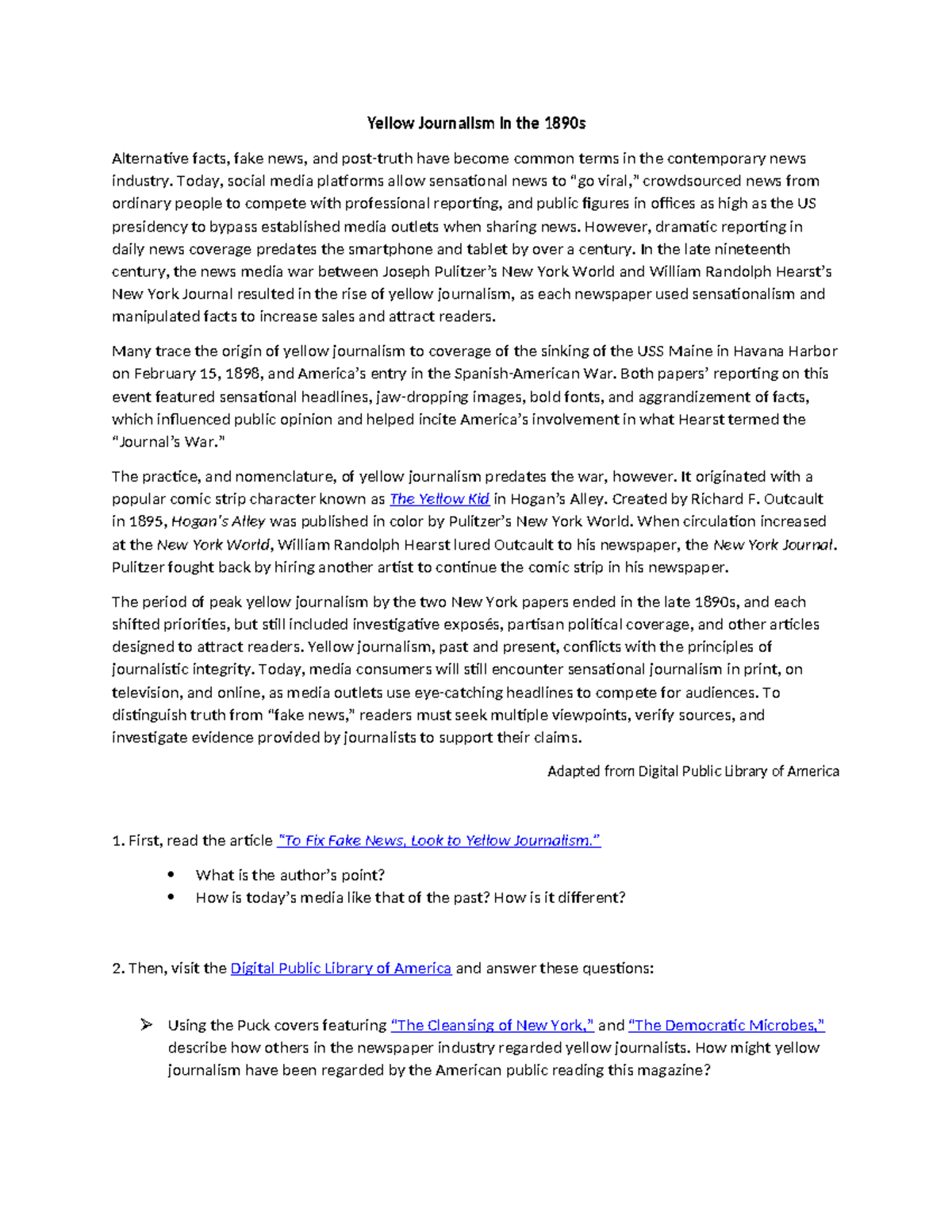 Yellow Journalism in the 1890s - Yellow Journalism in the 1890s ...