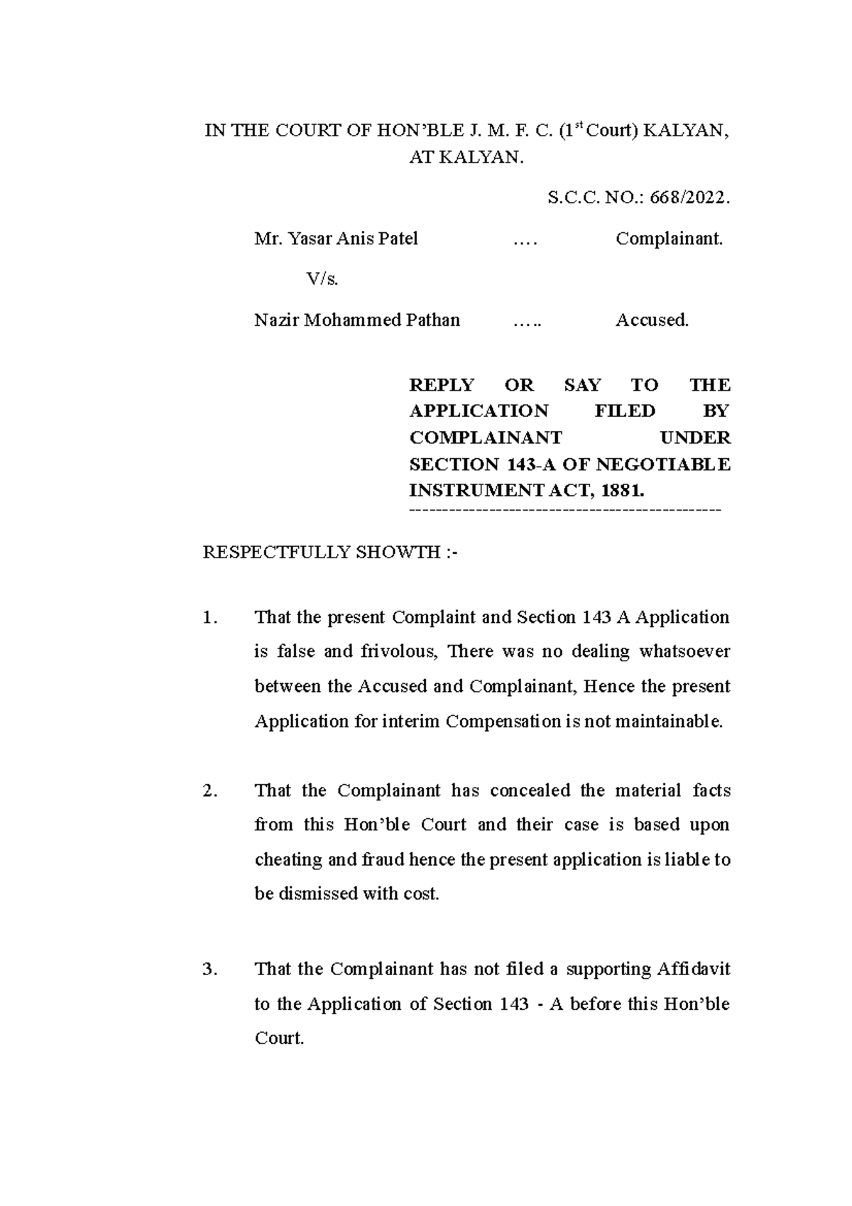 SAY OF 143 A Application Nazir Mohammed Pathan - IN THE COURT OF HON ...