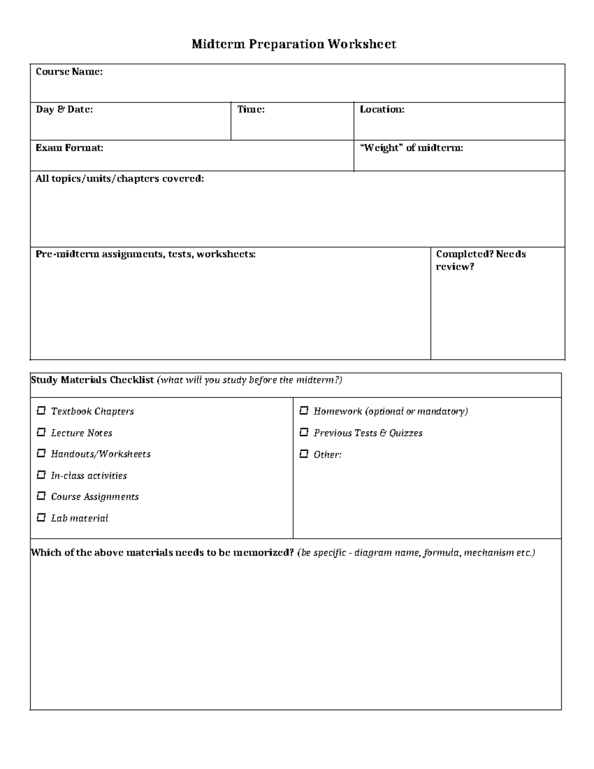Study Plan Template - 5 days - Midterm Preparation Worksheet Course ...