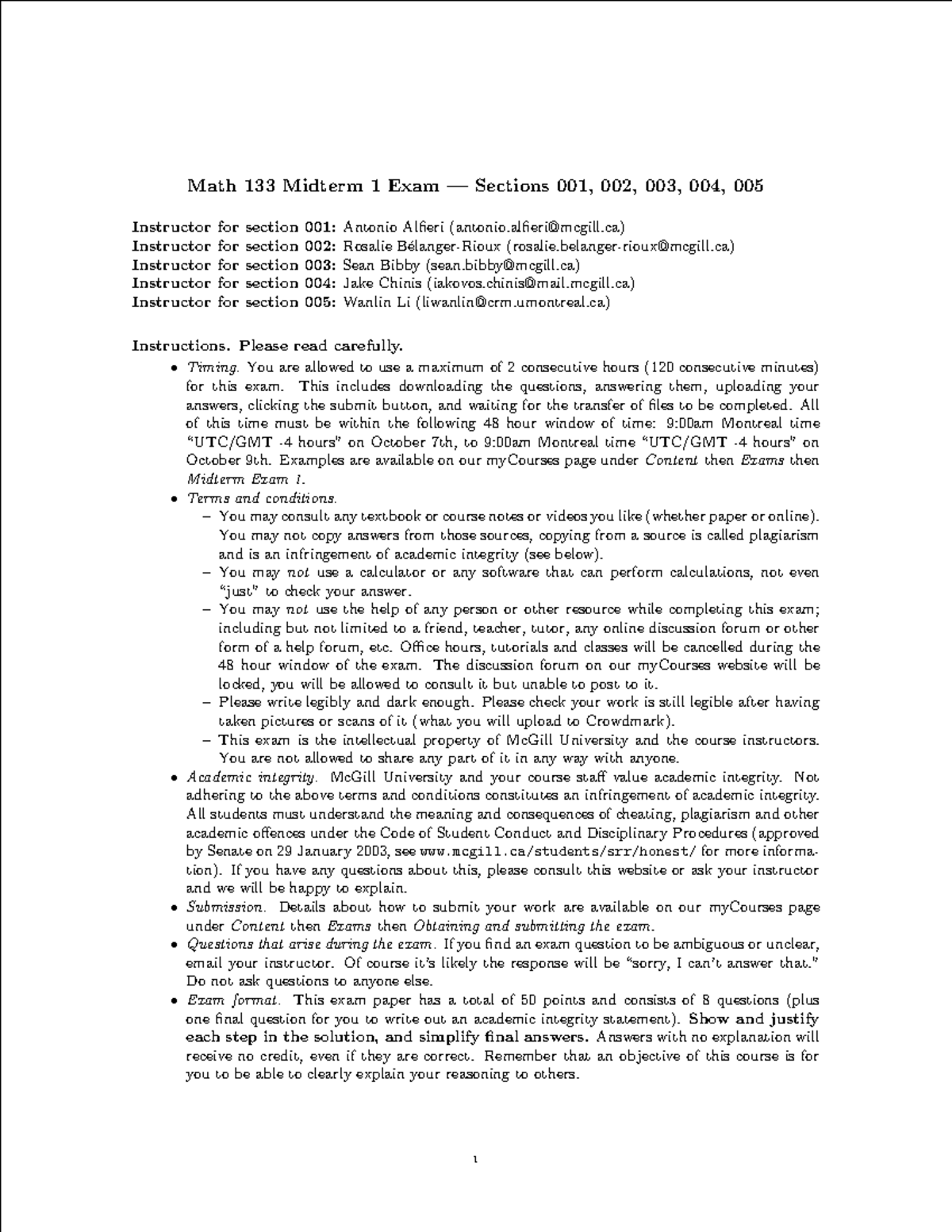 MATH133 Midterm 1 (Oct 2021) - Math 133 Midterm 1 Exam — Sections 001 ...