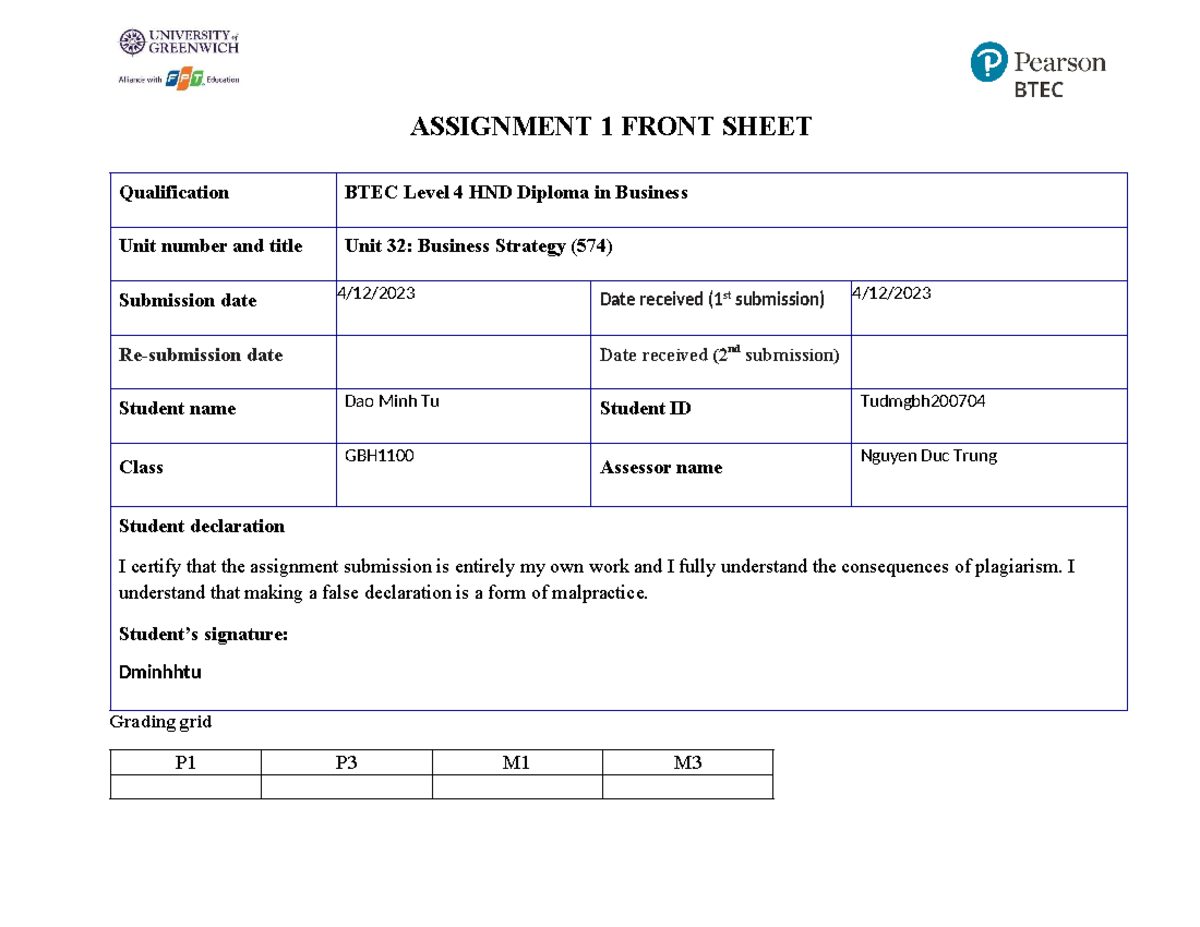 Asm-1-574 dao minh tu - asm 1 gw - ASSIGNMENT 1 FRONT SHEET Qualification BTEC Level 4 HND ...