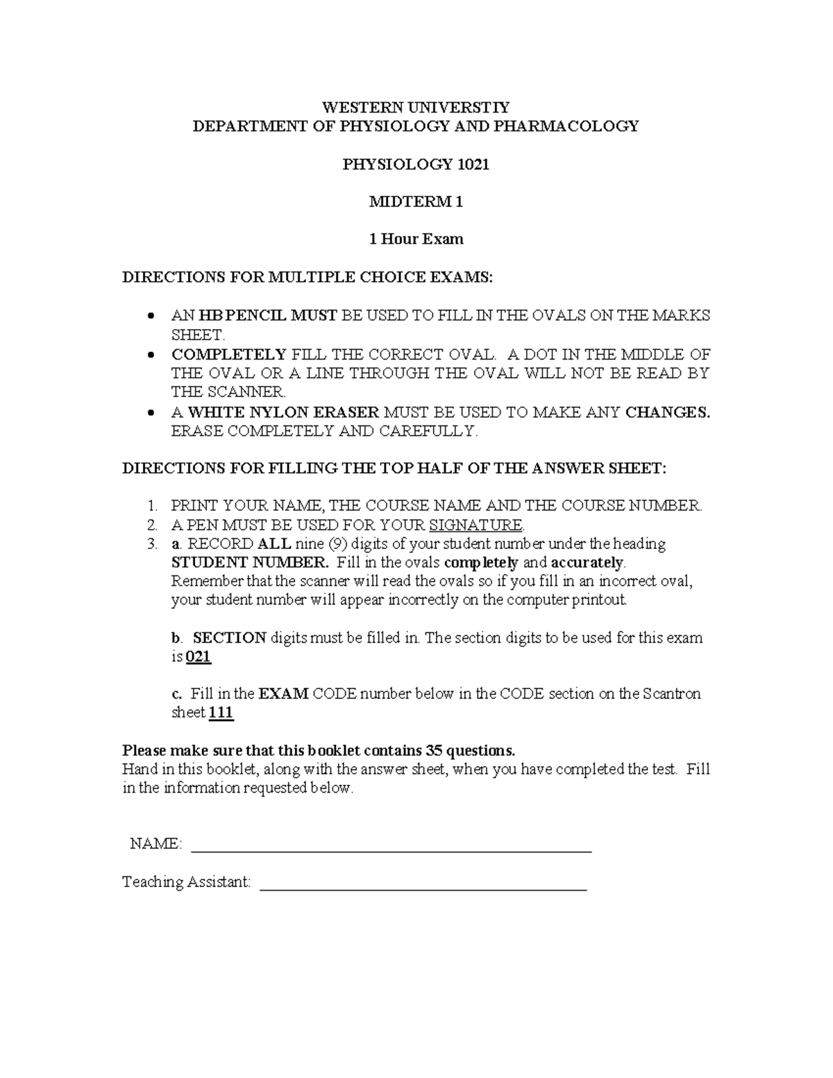 Midterm 1 Sample 1 Exam Physiology 1020 Human Physiology UWO 