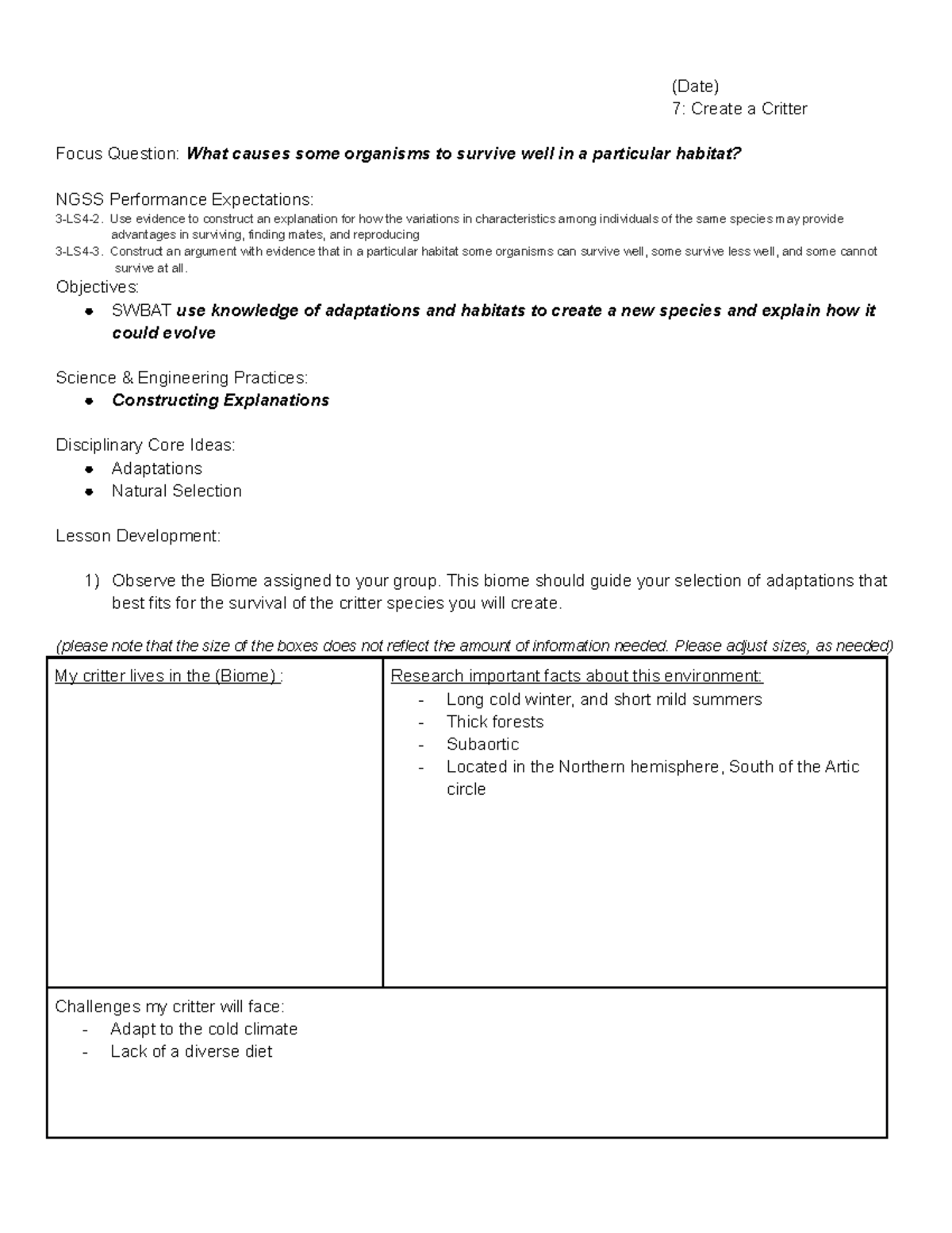 7- Create a Critter - (Date) 7: Create a Critter Focus Question: What ...