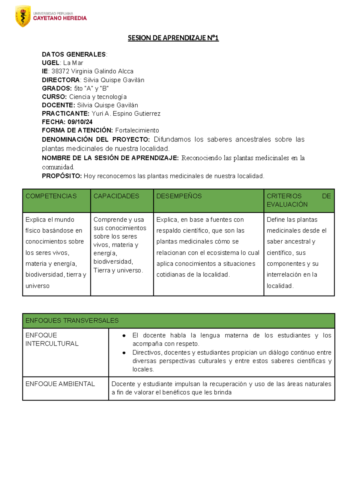 N° 1 Sesion DE Aprendizaje - SESION DE APRENDIZAJE N° DATOS GENERALES: UGEL: La Mar IE: 38372 ...